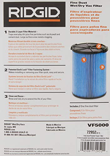 RIDGID 72952 Model 3-Layer Pleated Paper Vacuum Filter for RIDGID 5-20 Gallon Vacuums, Green