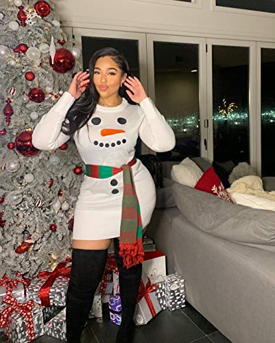 Women's Snowman Ugly Sweater Dress - White Snowman Christmas Dress with Scarf: Medium
