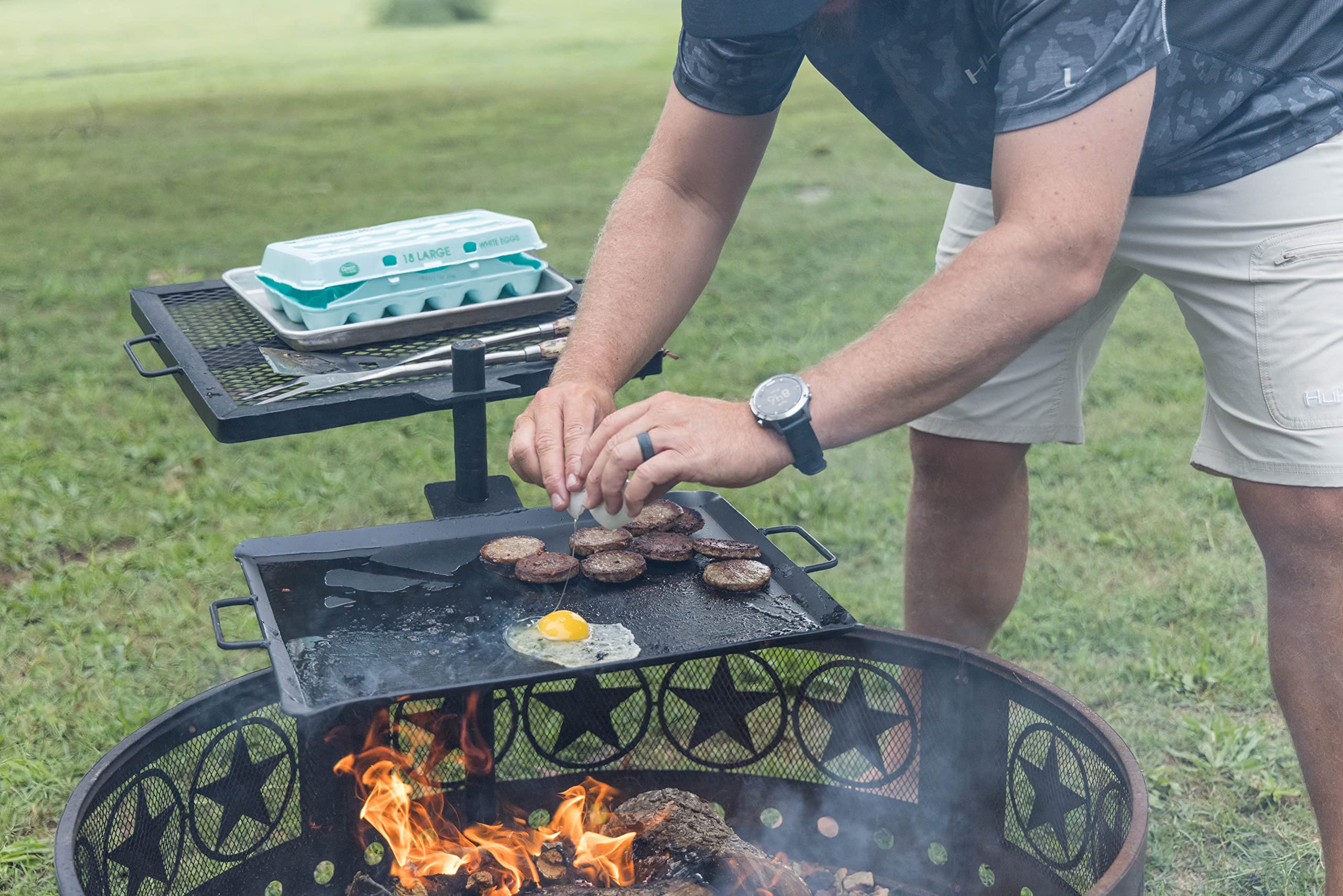 GameMaker - Open Fire Cooking Gravity Combo Grill & Skillet, Ultimate Camping Cooking Tool Black, Grill dimensions: 18.5” x 16.375”