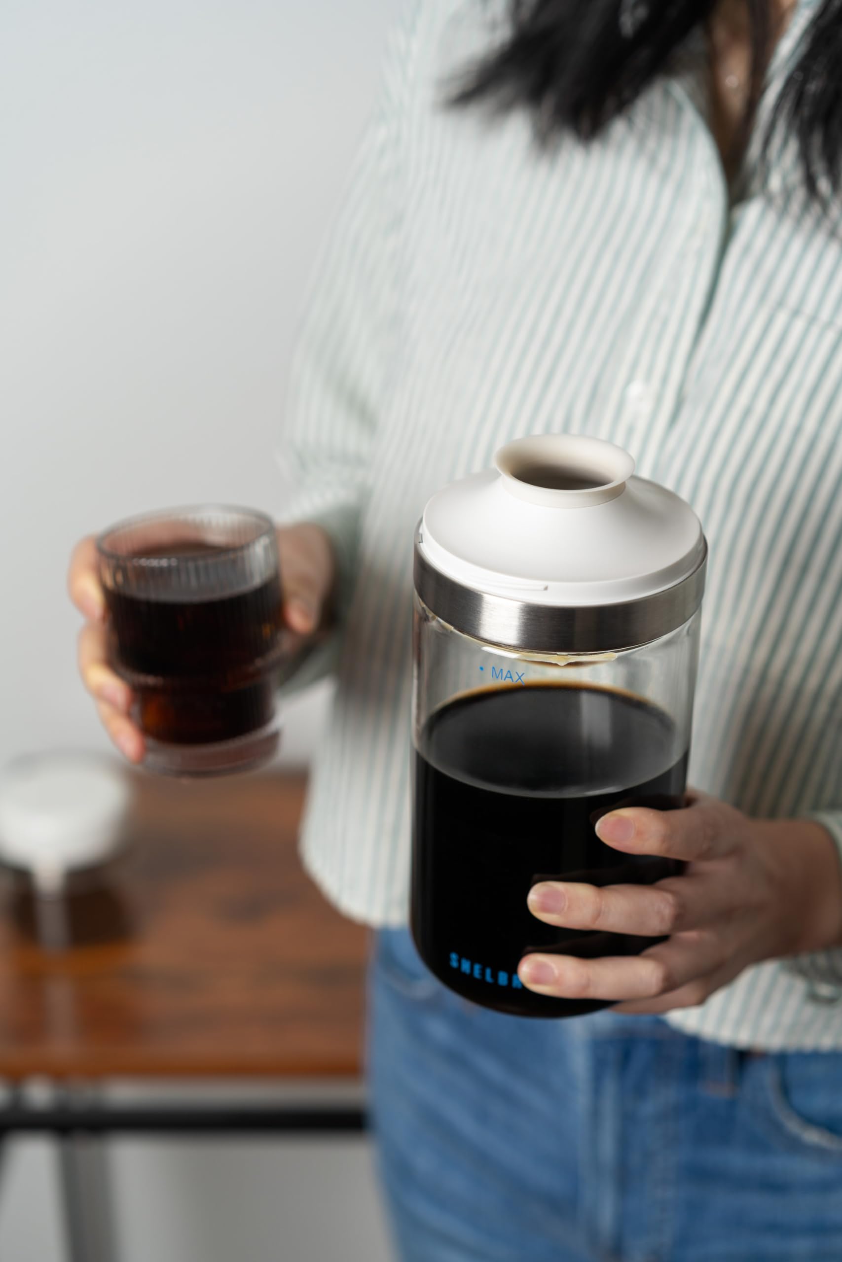 Shelbru Cold Brew Coffee Maker - 2-Piece Set w/Brewer & Carafe (Pitcher) - Reusable Stainless Steel Filter & Heavy-Duty Boroscilicate Glass - 16.9 fl oz / 500ml of Cold Brew Concentrate/Iced Coffee