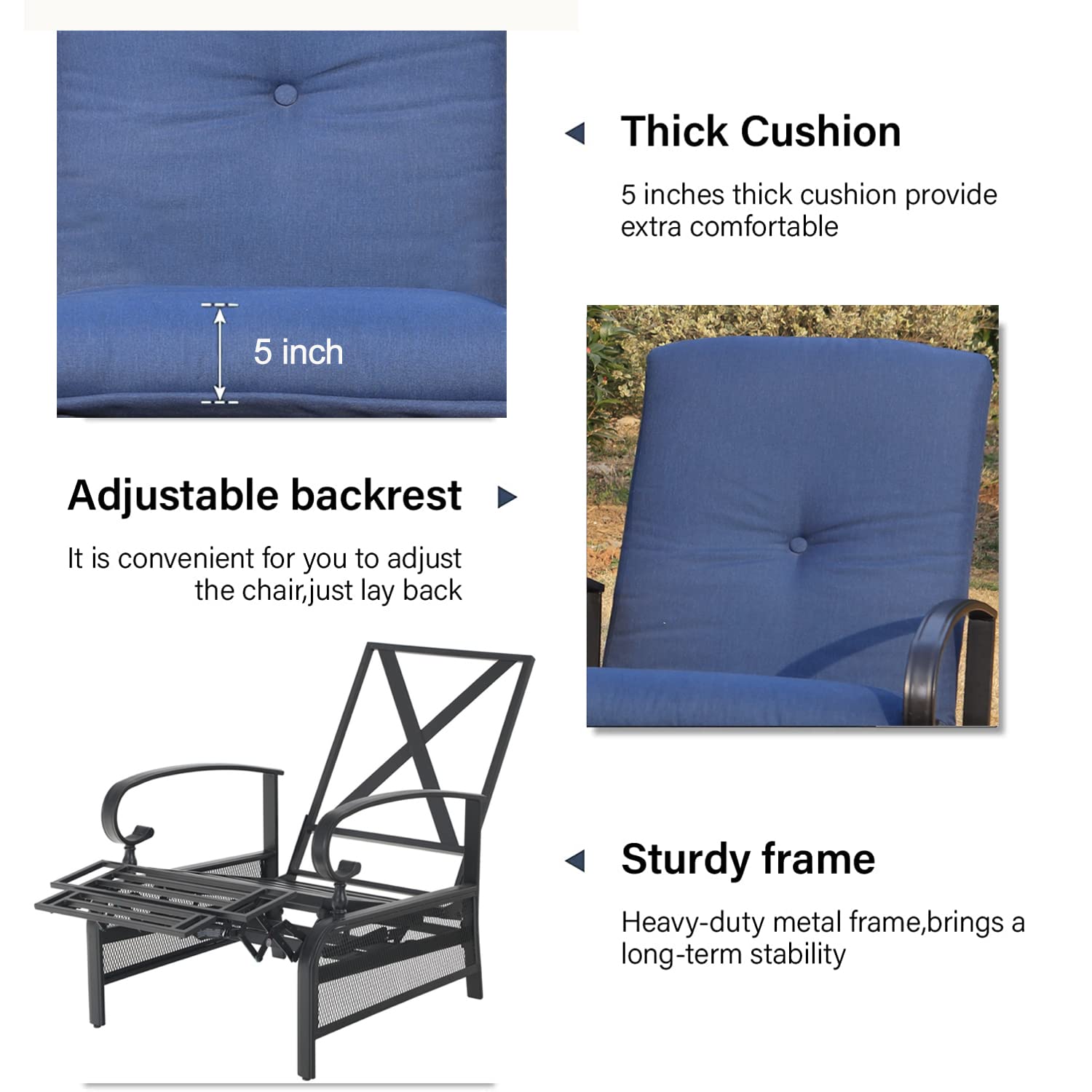 MFSTUDIO Patio Recliner Chair Metal Adjustable Back 2 Pieces Outdoor Lounge Chair with 100% Olefin Cushion (Navy Blue)