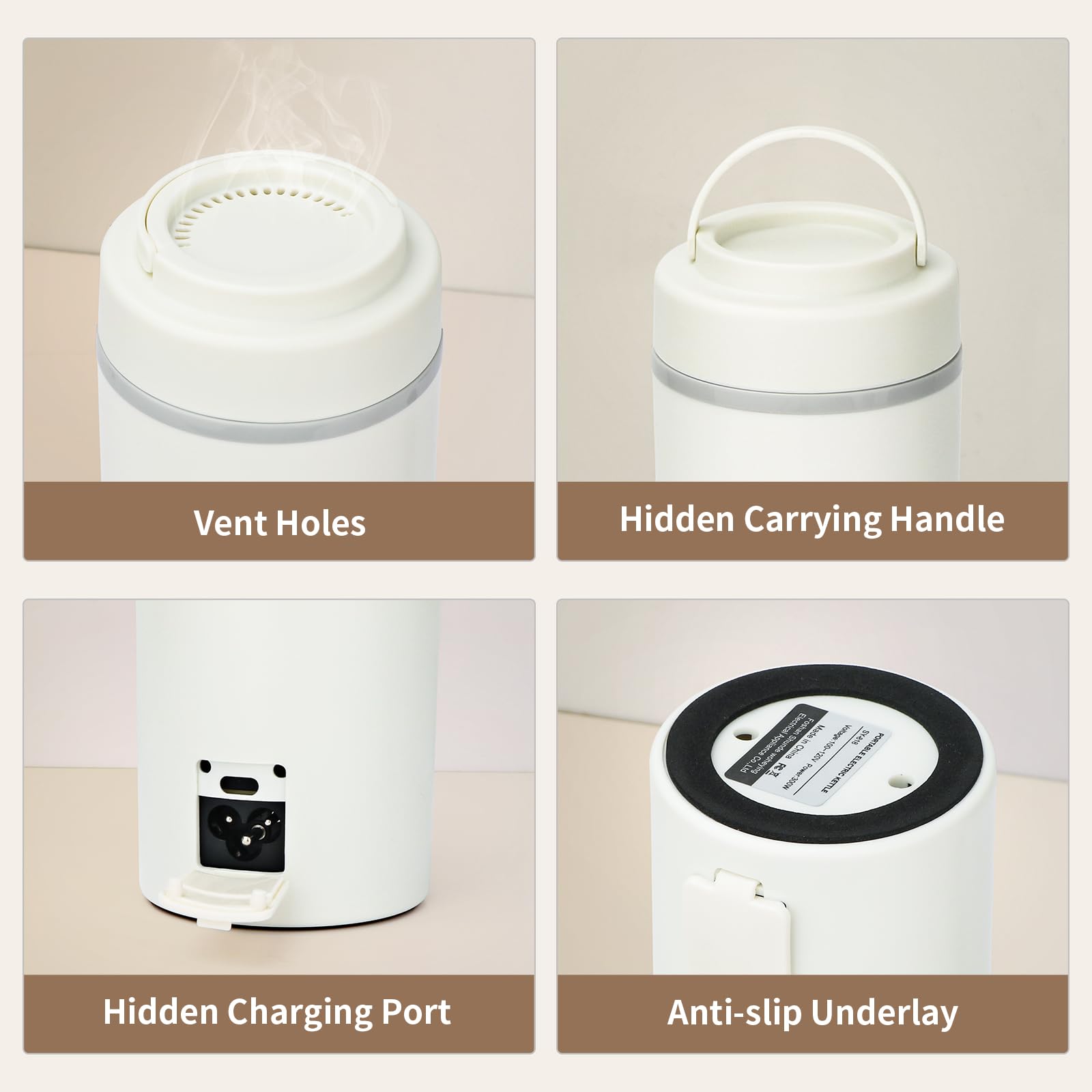 Portable Bottle Warmer for Travel, 17 Oz Milk Warmer, 4 Temperature Control & Auto Shut-Off, Fast Boil Hot Water Warmer, Perfect for Travel&Hotel Use,Electric Kettle with Handy(White,Non-Rechargeable)
