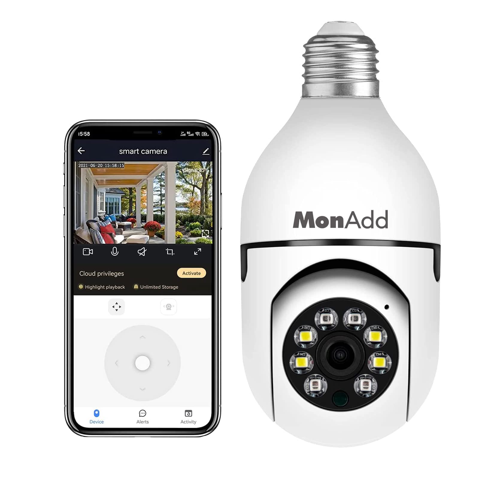 MonAdd 1080P Light Bulb Camera, PTZ E27 Wireless Camera Light Bulb WiFi Camera, 360 Degree Night Vision Light Socket Camera for Home, Indoor and Outdoor, Baby,Pet