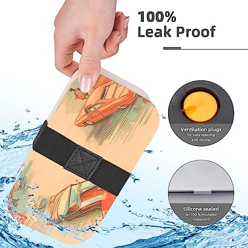 Poster Car Adult Lunch Box, Bento Box, With Cutlery Set Of 3, 2 Compartments, Rectangular, Lunch Box For Adults