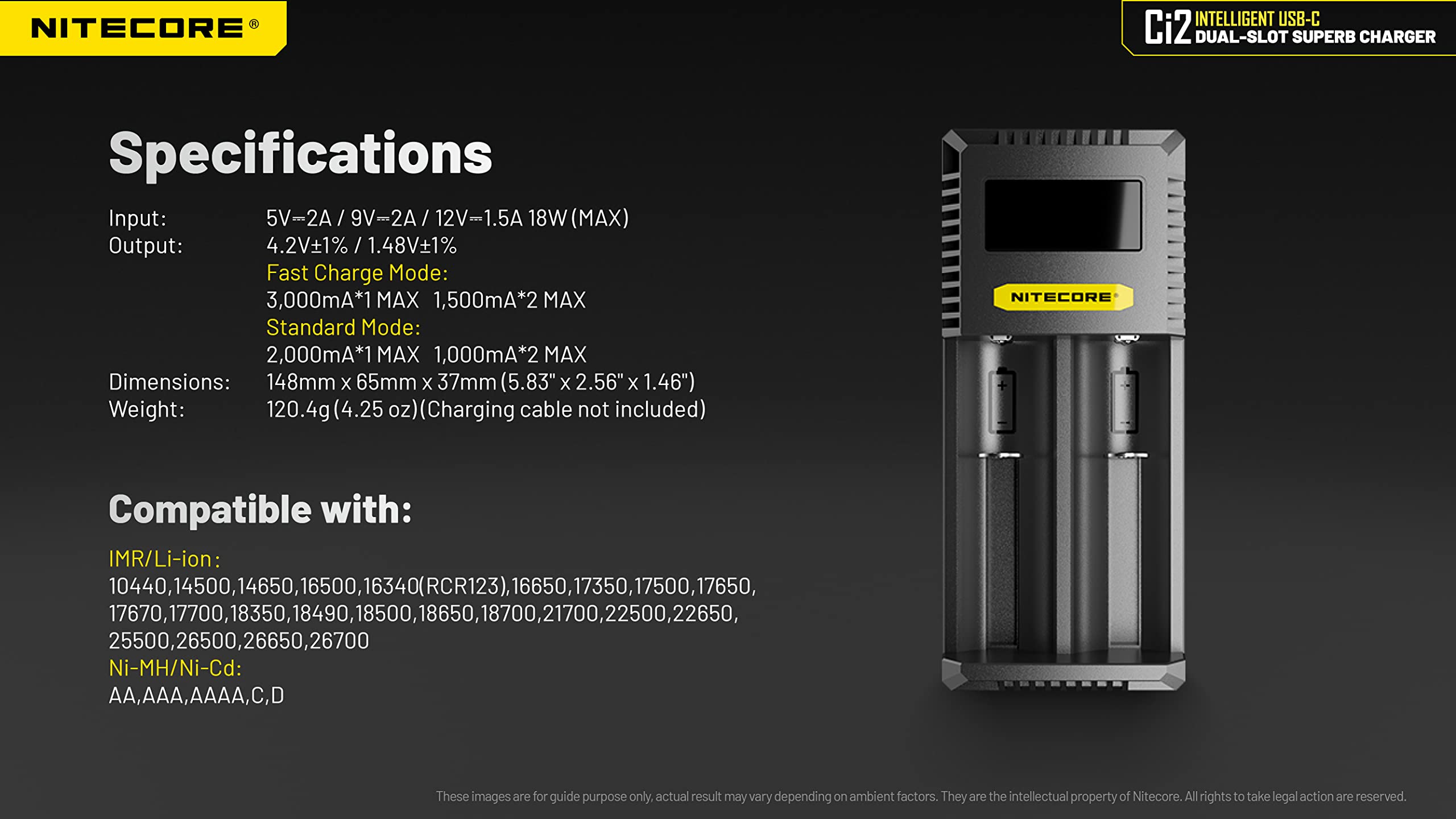 Nitecore Ci2 2 Bay Universal Battery Charger Support 16340 14500 18650 21700 Lithium Ion AA AAA Ni-MH Ni-CD, USB-C QC PD with Lumentac Battery Organizer