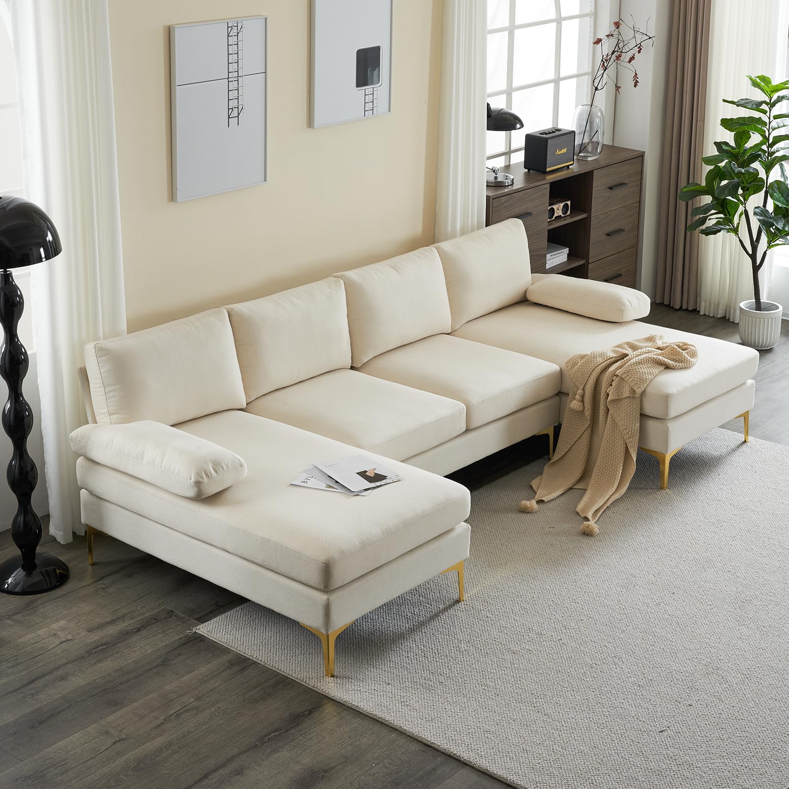 VERYKE Sectional Sofa Couch for Living Room, U Shaped Modern Sectional Sofa with Double Chaise,Minimalist Sectional Couch with Metal Leg for Home Office,Apartment (Linen Cream White)