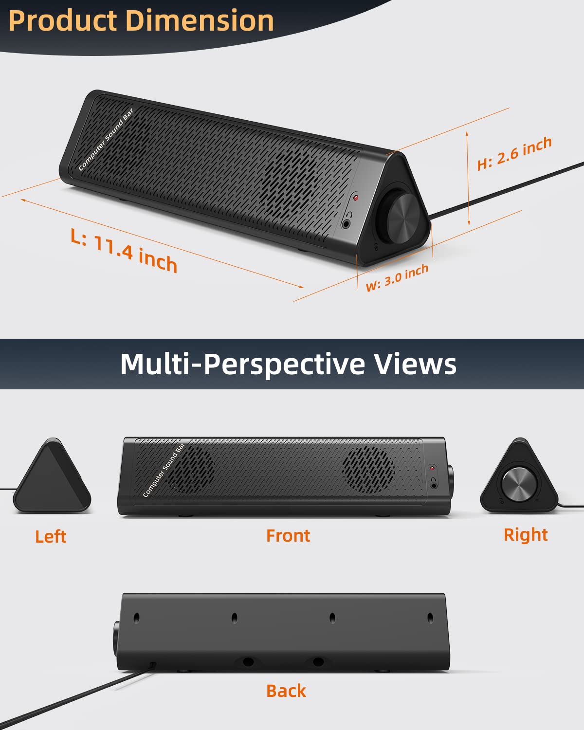 LISRFNIEAN PC Speakers, Computer Speakers for Desktop, USB-Powered External Speakers for Laptop, Small Computer Sound Bar with Crystal Clear Sound, Digital Volume Knob, Headphone Jack