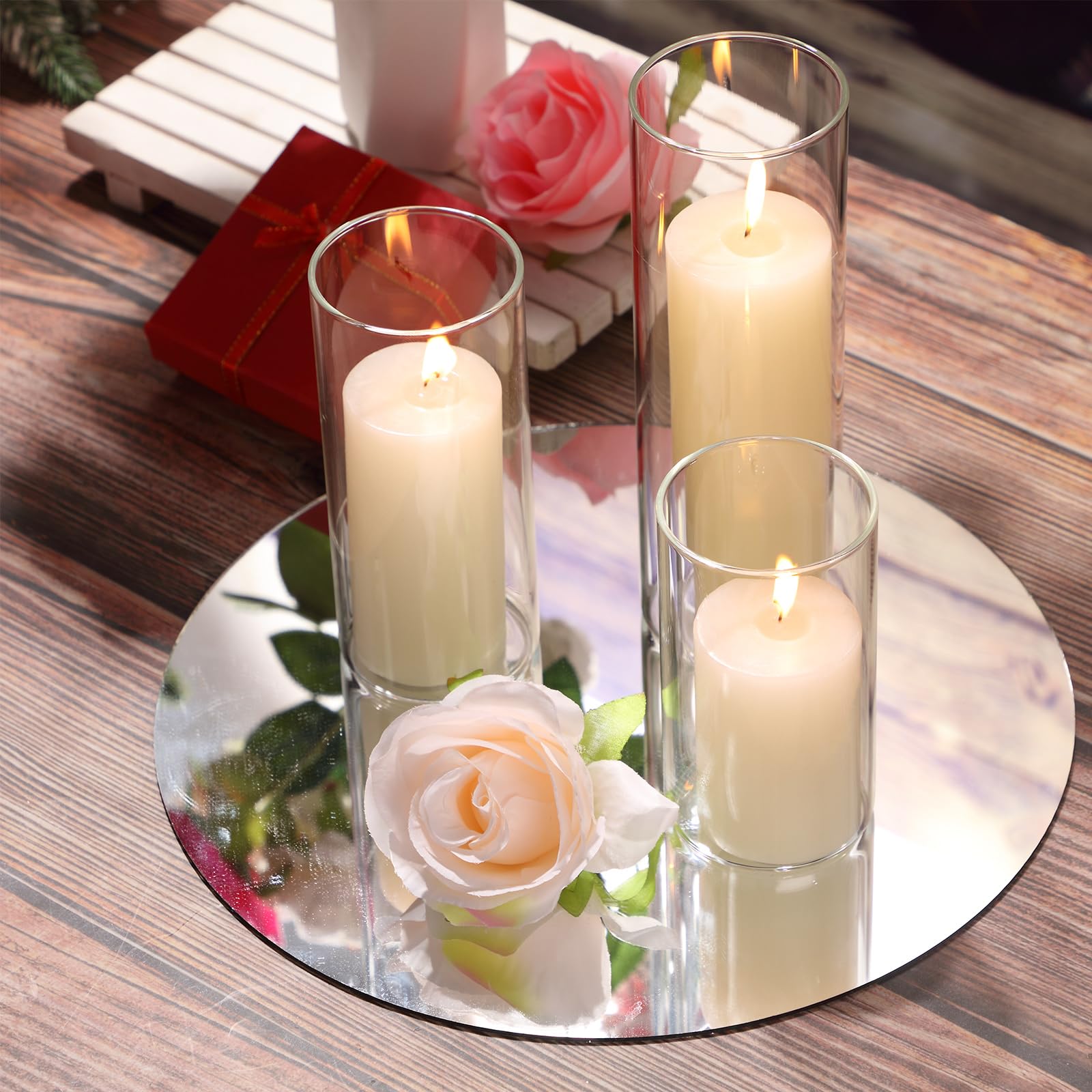 Shihanee Set of 6 Pillar Candles and Glass Cylinder Vases Clear Cylinder Candle Holders for Slim Tall Pillar Candles Wedding Centerpieces(2.6'' x 4.7'', 5.9'', 7.9'',Ivory White)