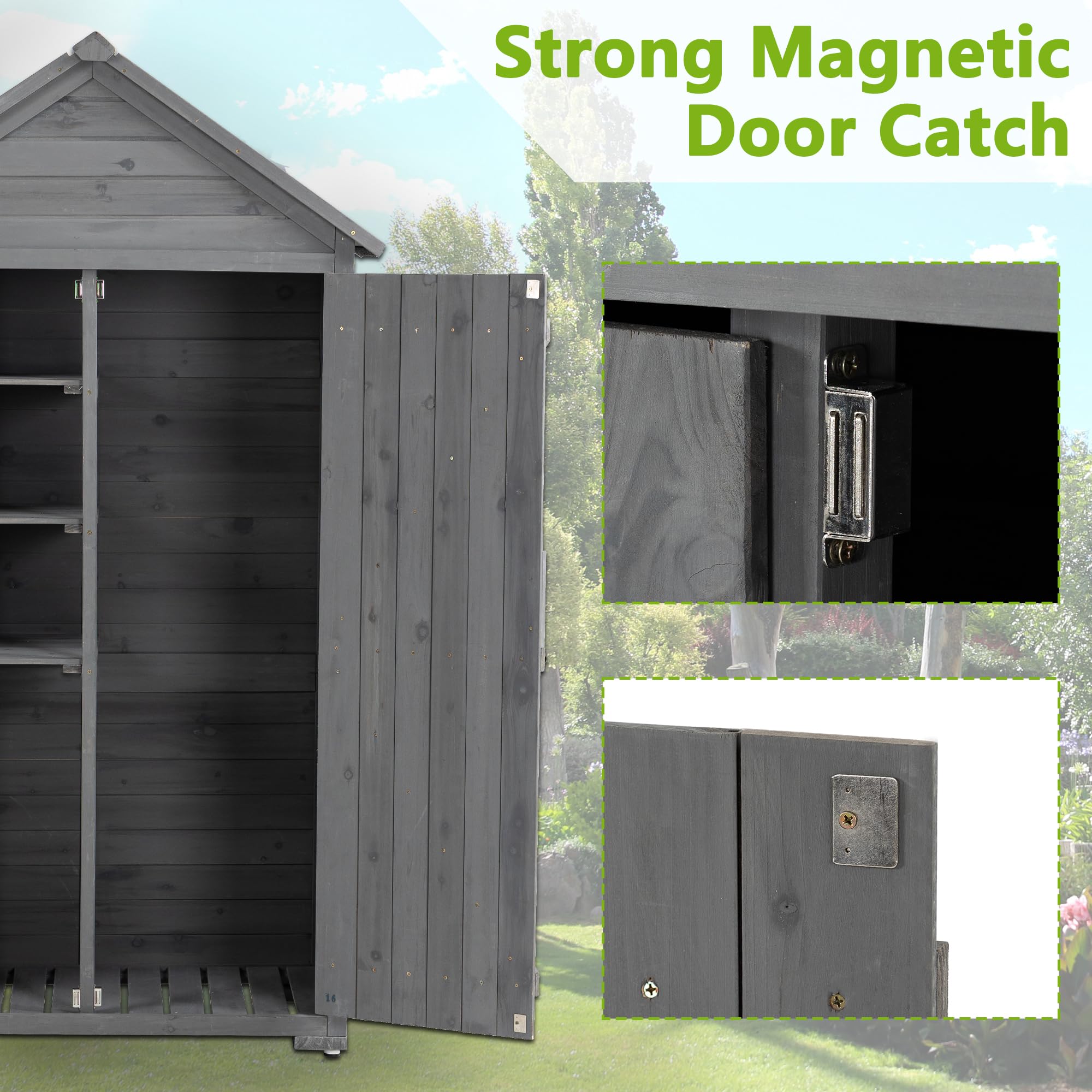 Miscoos Outdoor Wood Storage Shed, Vertical Garden Shed Closet with Lockable Doors, Outside Tool Shed Storage Cabinet with Floor,Detachable Shelves,Pitch Roof for Poolside Backyard Porch