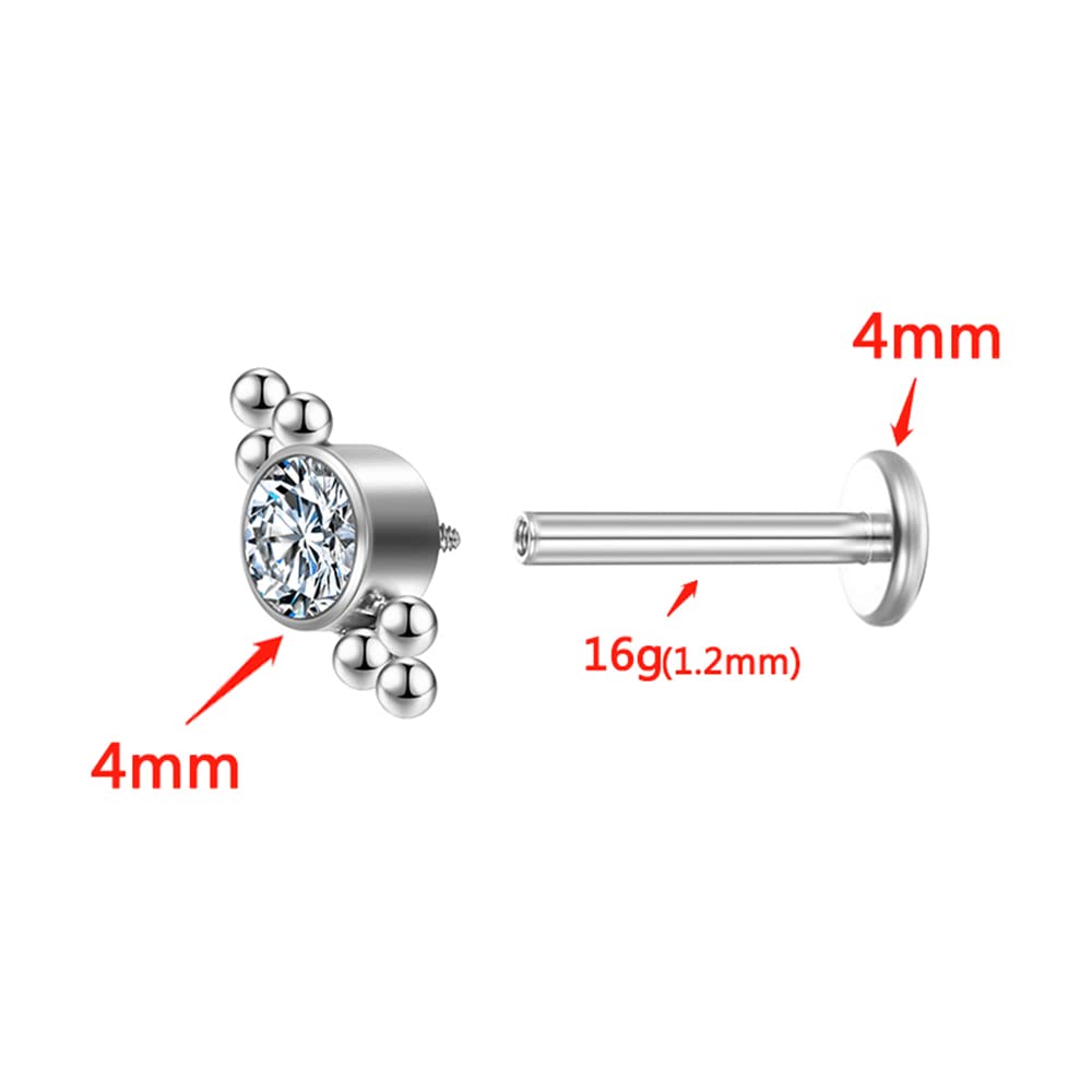 Lip Stud 16g For Women Sterling Titanium G23 Symmetrically shaped beads Labret Studs Zirconia Earrings Piercing Helix Ear Cartilage Tragus Studs Earrings Lip Monroe Piercing 1 PCS (cd011, Titanium)