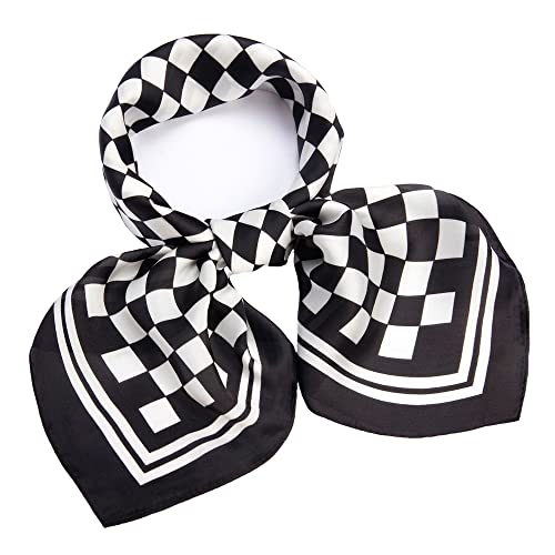 NaSoPerfect 27 inch Silk Feeling Scarf Square Satin Head Scarf Fashion Checkerboard Print Neck Scarfs for Women Black and White