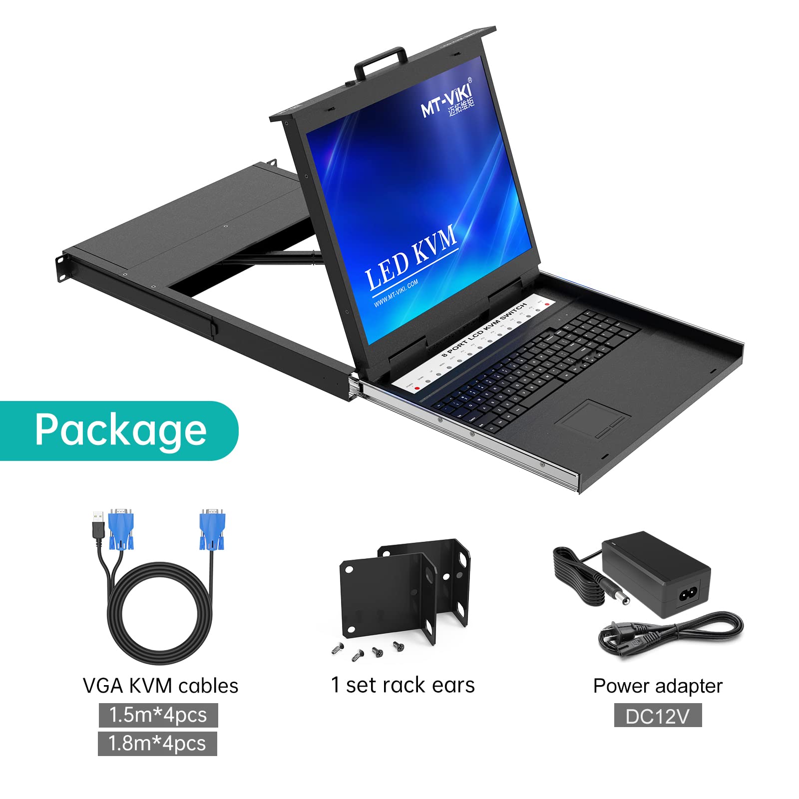 MT-VIKI 1U 19'' LCD KVM Console, 8 Port Rack Mount Monitor KVM VGA for 19'' Rack, 1280X1024@60Hz, Support OSD/Hotkey/Panel Switching, 8 Packs KVM Cable
