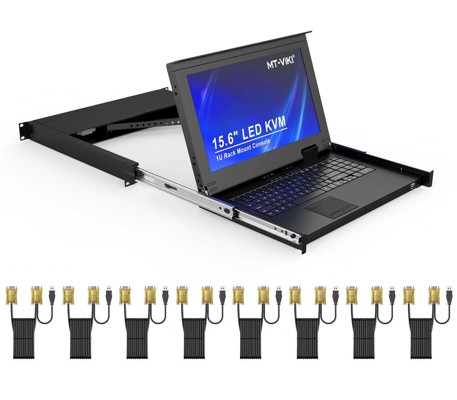 MT-VIKI 1U Rack Mount KVM Console, 8 Port KVM VGA Switch w/15.6'' LCD Monitor, 1080P, Mount into 23.6-31.5 inch deep Server Cabinet, Integrated Touchpad+Keyboard+8 KVM Cables