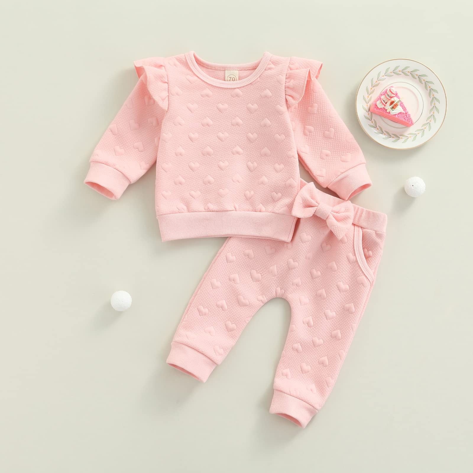Ynibbim Valentine Baby Girl Clothes Set Ruffle Long Sleeve Sweatshirts Tops Pants Heart-Shape Printed Outfit (Pink, 6-12 Months)