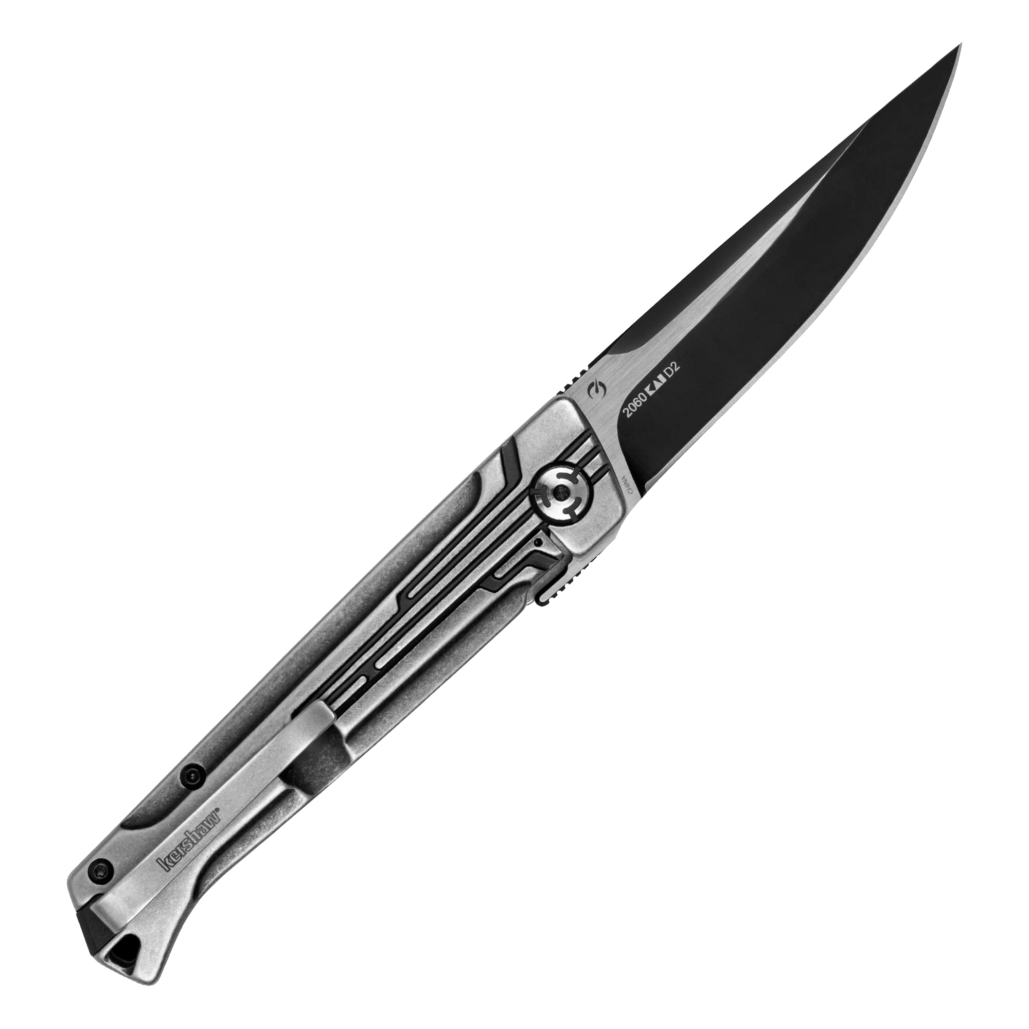 Kershaw Noventa Pocket Knife, 3.3 inch Stonewashed D2 Steel Blade with KVT Ball Bearings, Stainless Steel Handle, Pocketclip,black
