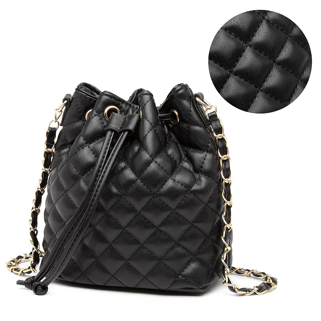 MCK Quilted Bucket Crossbody Bag and Purse for Women Drawstring Soft Vegan Leather Shoulder Bags (Medium to Small Size)