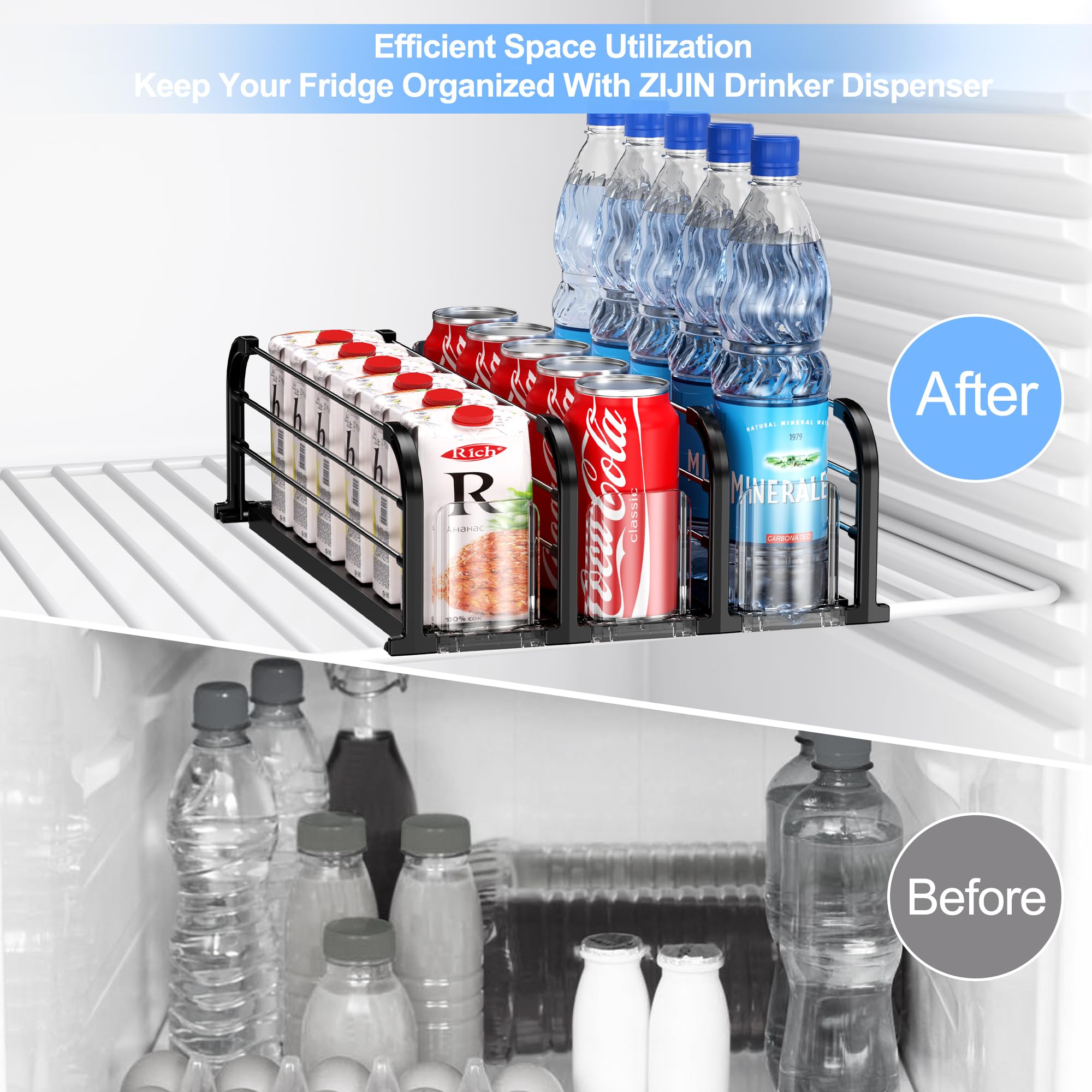 ZIJIN Drink Organizer for Fridge, 5 Rows Refrigerator Drink Organizers Black