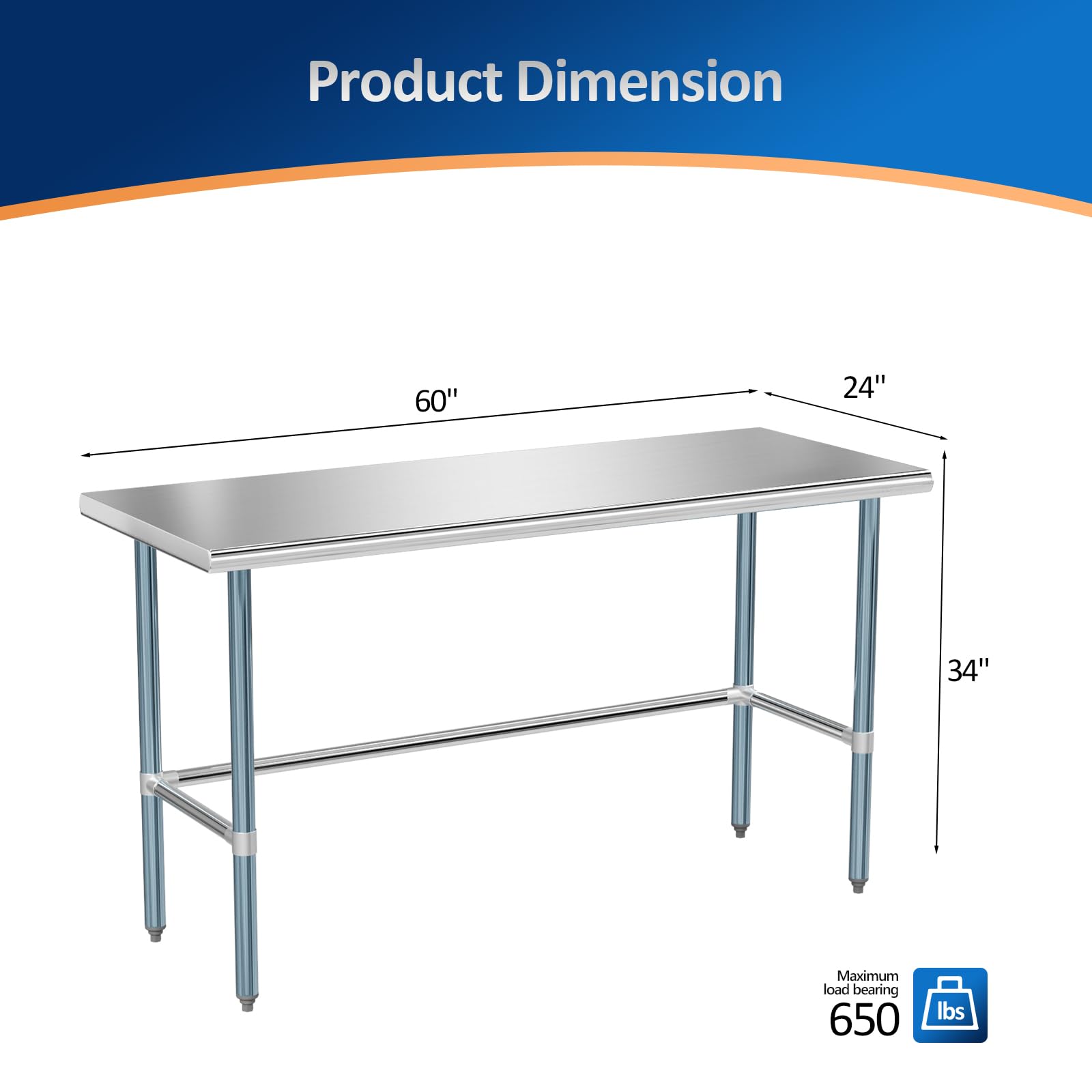 ROVSUN Open Base Stainless Steel Table 60 x 24 Inches, NSF Commercial Heavy Duty Prep & Work Table,Metal Table for Kitchen, Restaurant, Home, Hotel, Garage, Laundry