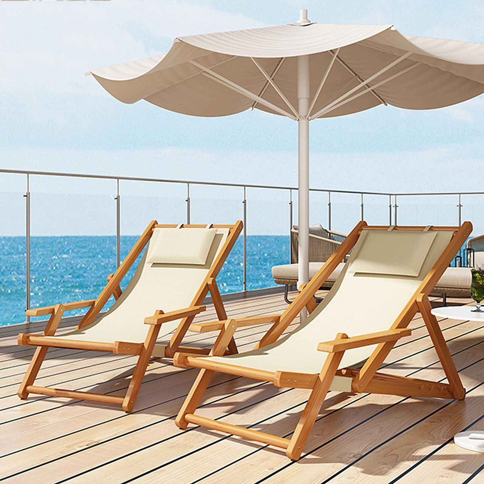 Outdoors Pool Chaise Lounger, Folding Lounge Recliner Chairs, Wooden Sunbathing Chair with 4-Position Adjustable Backrest and Arm, Assemble-Free(Beige)