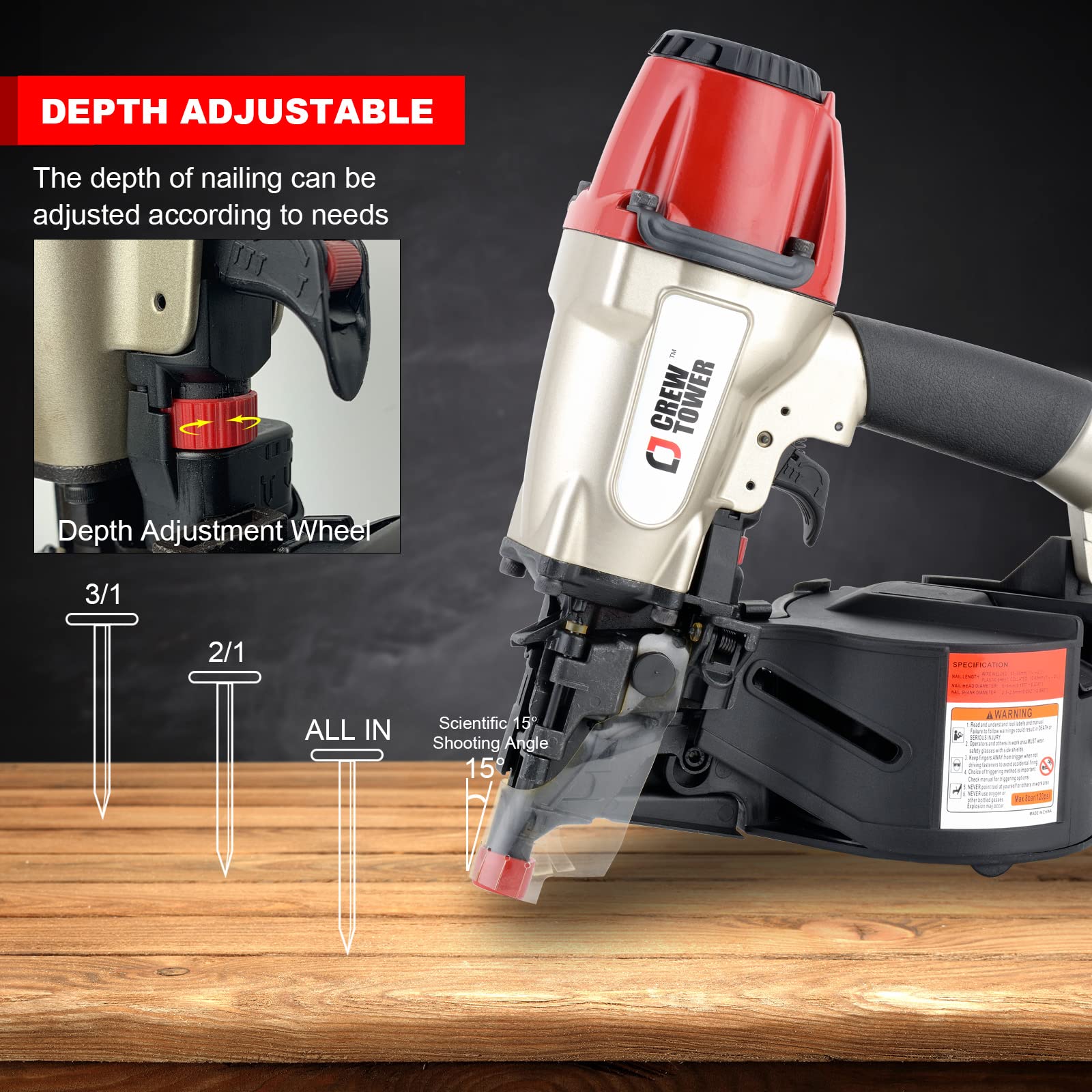 Siding Nail Gun CN565B, 15 Gauge 1-1/4-Inch to 2-1/2-Inch Pneumatic Coil Siding Nailer for Siding Sheathing Fencing Roof Decking