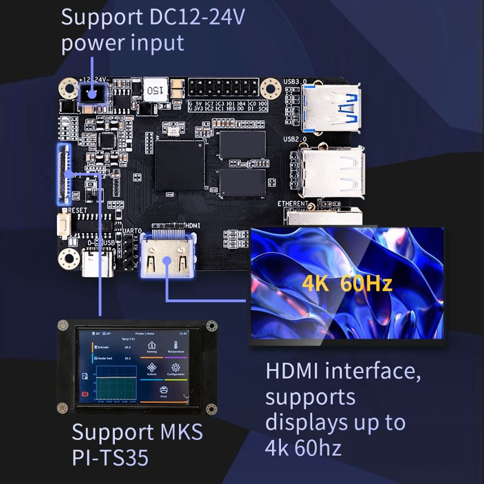 MKS PI Control Board 3D Printer Motherboard 1G Byte Memory DC 12V 24V 15W to Work (MKS PI‑TS35 LCD MKS PI Control Board)