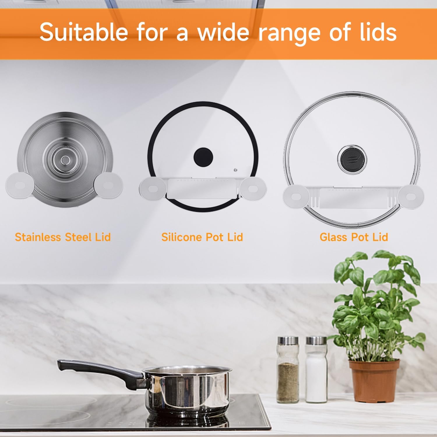 Qicaitulife 4 Pack Adjustable Pot Lid holder,Pan Cover Organizer Fits 6" to 14" lid, Adhesive Wall Mount Pots Lid Storage for Kitchen Cupboard 、Cabinet Door (white)
