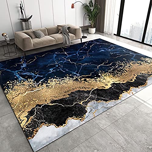 Light Luxury Black Gold Marble Area Rug, Luxury Blue Starry Gold Powder Texture Indoor Rugs, Non-Slip Easy Care Carpet for Living Room Bedroom Apartment Home Decor - 6.6 ft x 5.3 ft