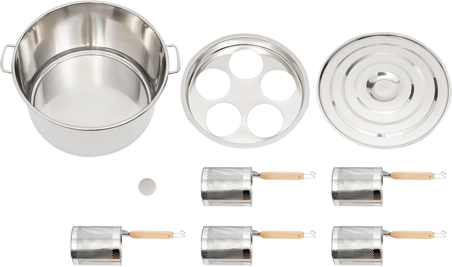 Pasta Cooker Insert Set 5 Holes 201 Stainless Steel Round Insert Strainer Basket Cookware, Compact Pasta Cooker Pot With Pasta Pot Stand & 5 Insert Strainer Baskets Lid for Restaurants,37L/39qt