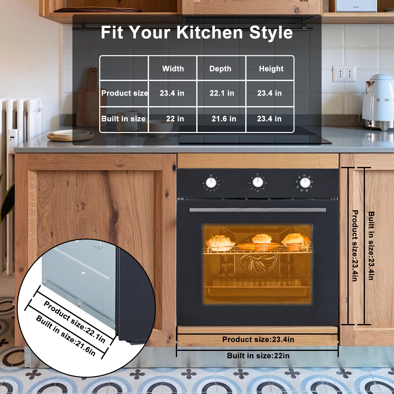 Single Wall Oven 24 Inches, Built-In Electric Ovens, 3000W, 240V, 2.5Cu.Ft Convection Built-In Oven, Stainless Steel-Touch Screen (Normal Mechanical Knobs-Clearance)