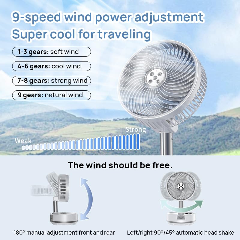 Onnilife 8 inch Portable Fan-Battery Operated Fan, Oscillating Rechargeable Fan with 20000mAh, Remote Control LED Lights, 72HR Run Time, Outdoor Portable Foldable Fan for Camping&travel (White