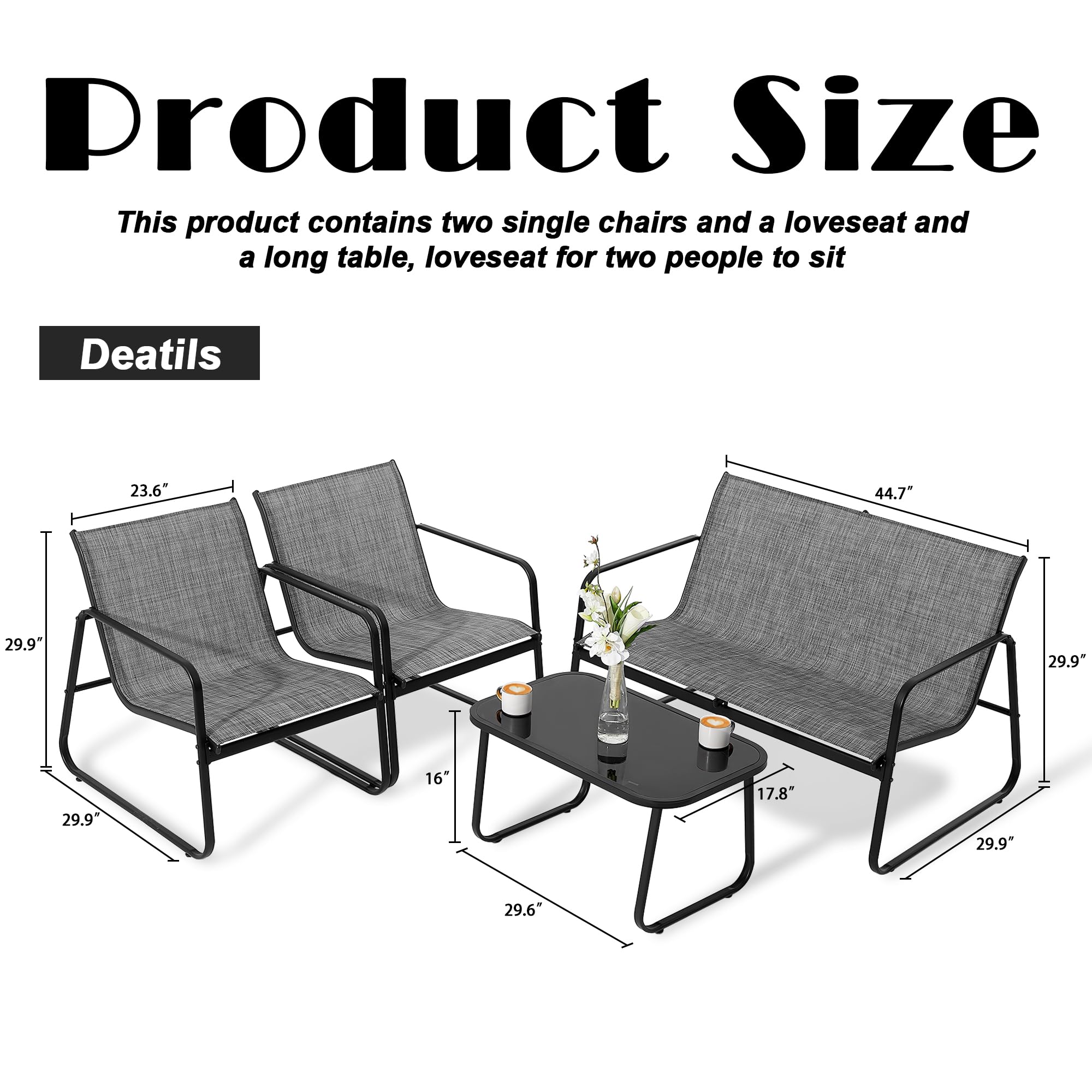 PIZZELLO 4 Pieces Outdoor Patio Furniture Textilene Modern Conversation Bistro Set with Loveseat Tea Table for Home, Lawn and Balcony
