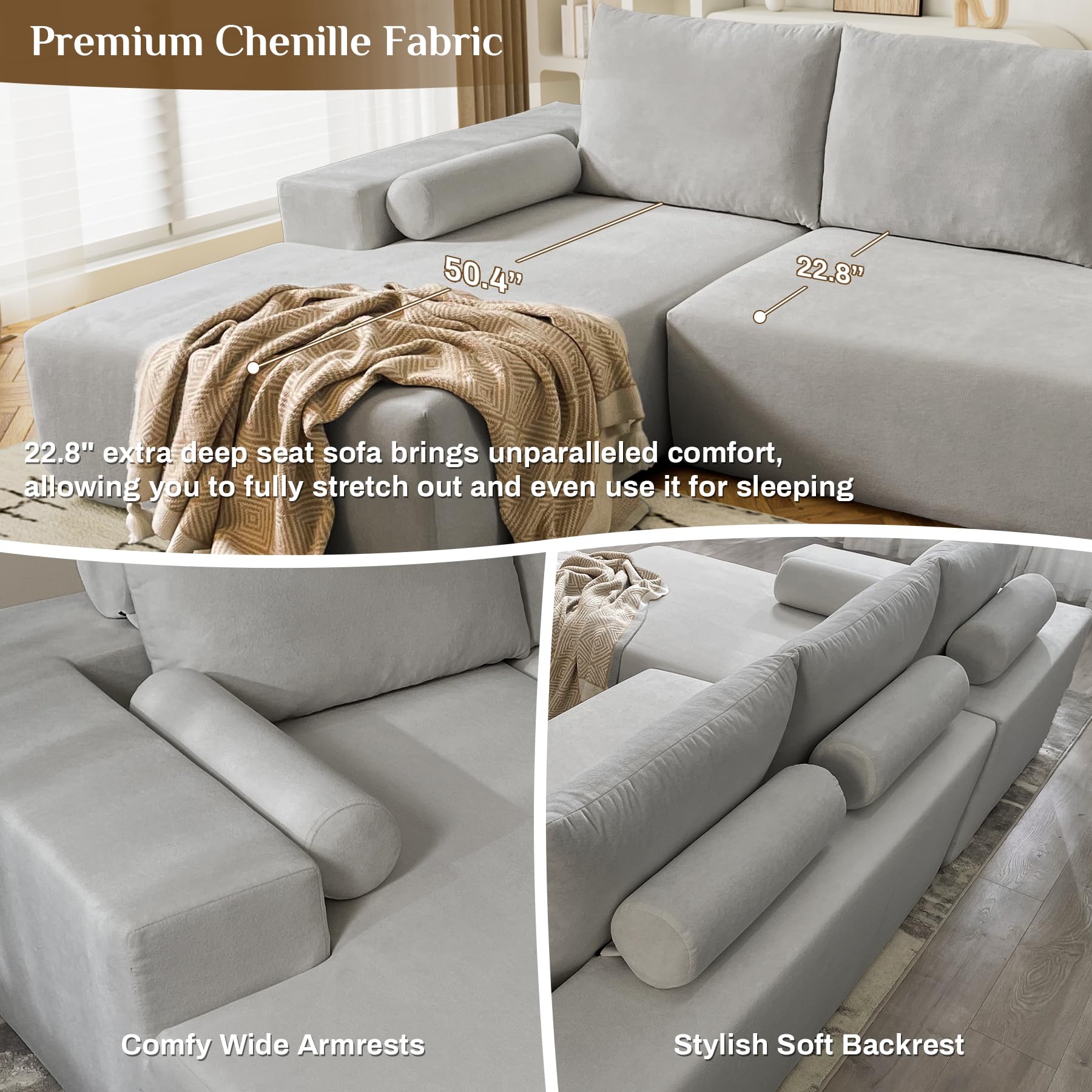OUYESSIR L-Shape Modular Sectional Sofa Couch Set, 105" Modern Chenille Minimalist Couch, Upholstered Corner Cloud Sofa Sleeper for Living Room, Bedroom, 2 PC Free Combination, Grey