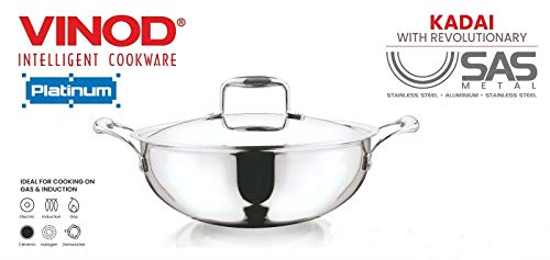 Vinod Platinum Kadai Triply Stainless Steel | Suitable For Indian Cooking, Sauces, Stews, Soups | Deep/Extra Deep Kadai With Lid | Induction, Electric Friendly (Extra Deep Kadai, 24cm)
