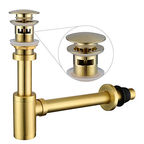 Miraga Bathroom Sink Stopper P-Trap Complete Set Adjustable 1-1/4 Sink Drain Kit Tube Solid Brass Bottle Trap w/Pop Up Drain Stopper Set, Overflow Version, Brushed Gold