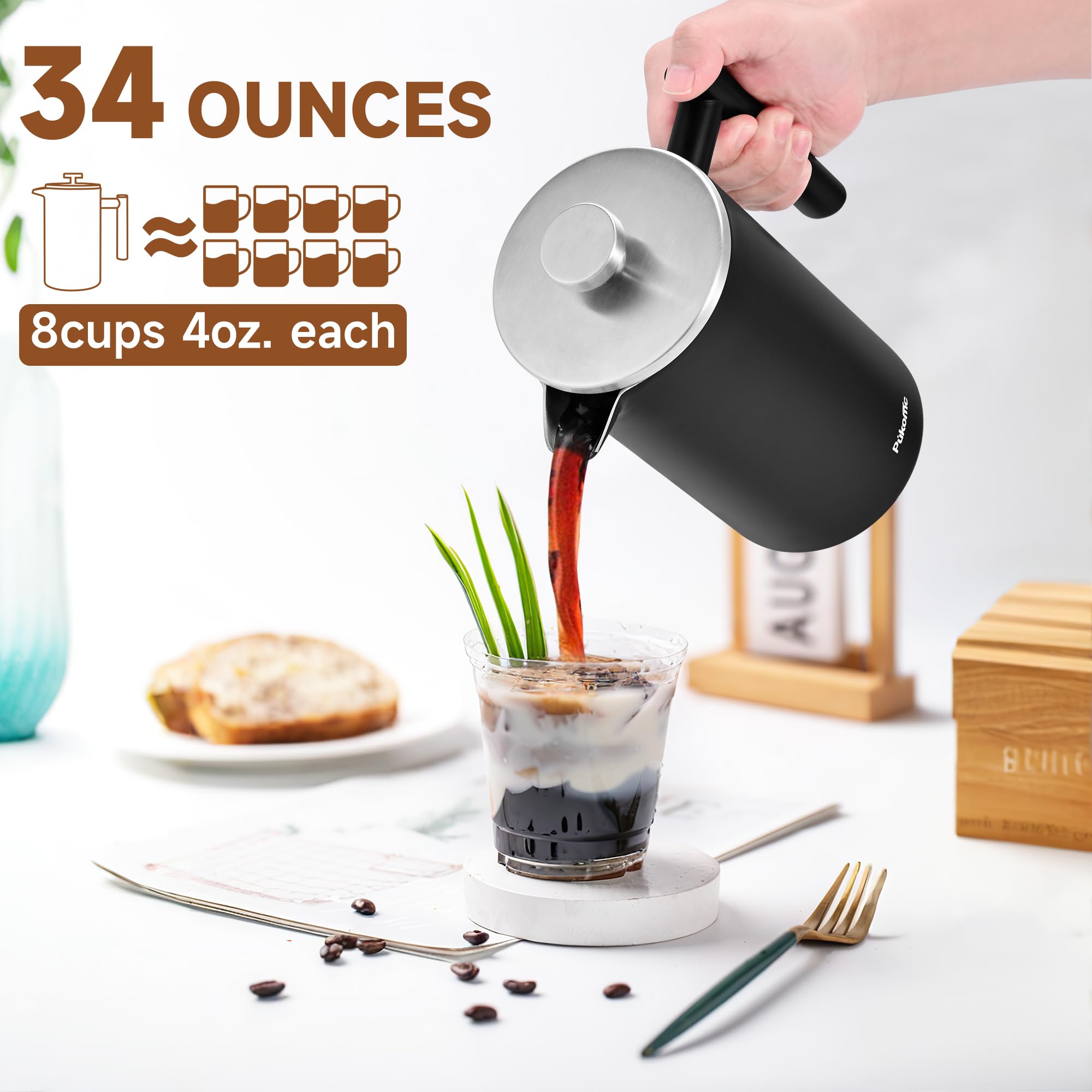 Pukomc French Press Coffee Maker, 34oz (1 Litre) Coffee Press with Double Wall Vacuum Insulated & 304 Grade Stainless Steel,Black