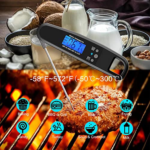 LIKEPAI Instant Read Meat Thermometer for Kitchen Cooking, Ultra Fast Precise Waterproof Digital Food Thermometer with Backlight, Magnet and Foldable Probe for Deep Fry, Outdoor BBQ, Grill(Black)