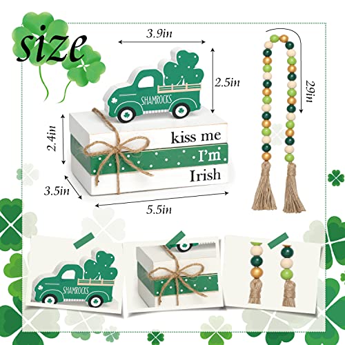 St. Patrick's Day Tiered Tray Decor, 1 St. Patrick's Wood Book Stack, 1 Bead Garland, I’m Irish Shamrock Mini Faux Decorative Books Bundle, Farmhouse St. Patrick's Party Table Mantle Decor