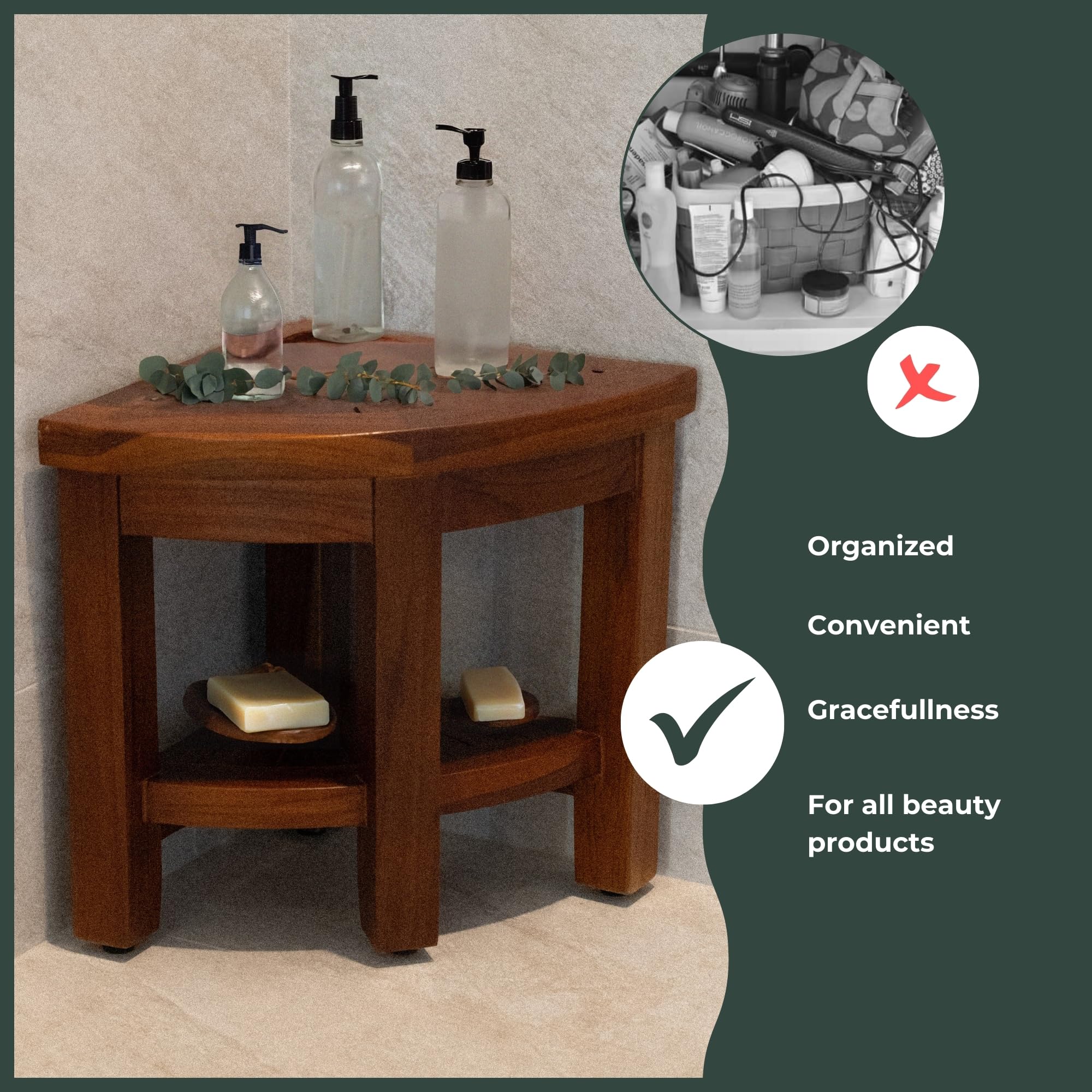 Teak Corner Shower Bench - Fully Assembled 14 inch Corner Teak Shower Bench | Waterproof Shower Stool for Shaving Legs | Non-Slip Multi-Purpose Corner Shower Stool for Bathroom, Patio, Living Room