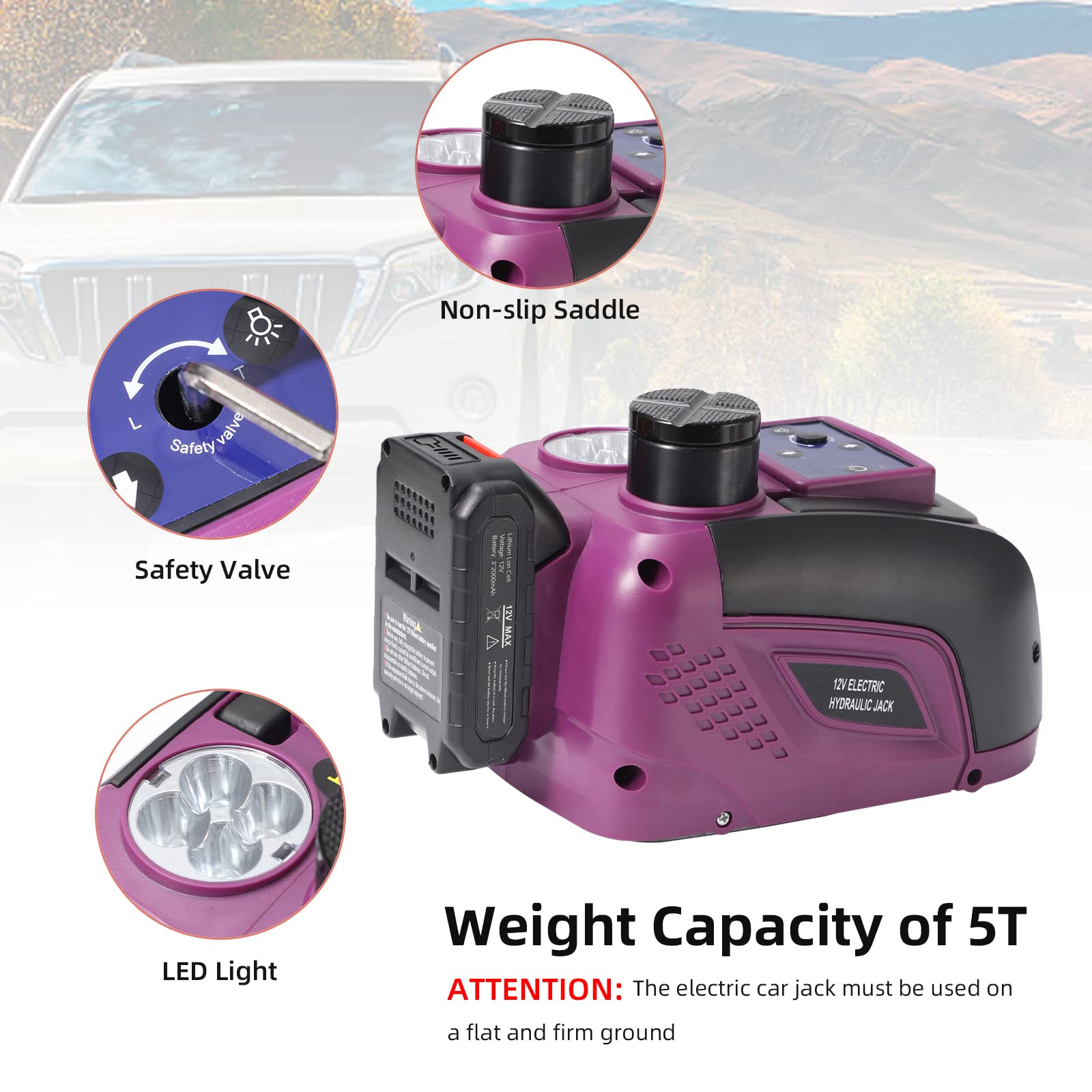 TYAYT Electric Car Jack Kit, 5 Ton Cordless Hydraulic Car Jack, 12V Portable Car Jack with LED Light for SUV MPV Sedan, Lifting Range 6.6 to 17.5 Inch(Purple)