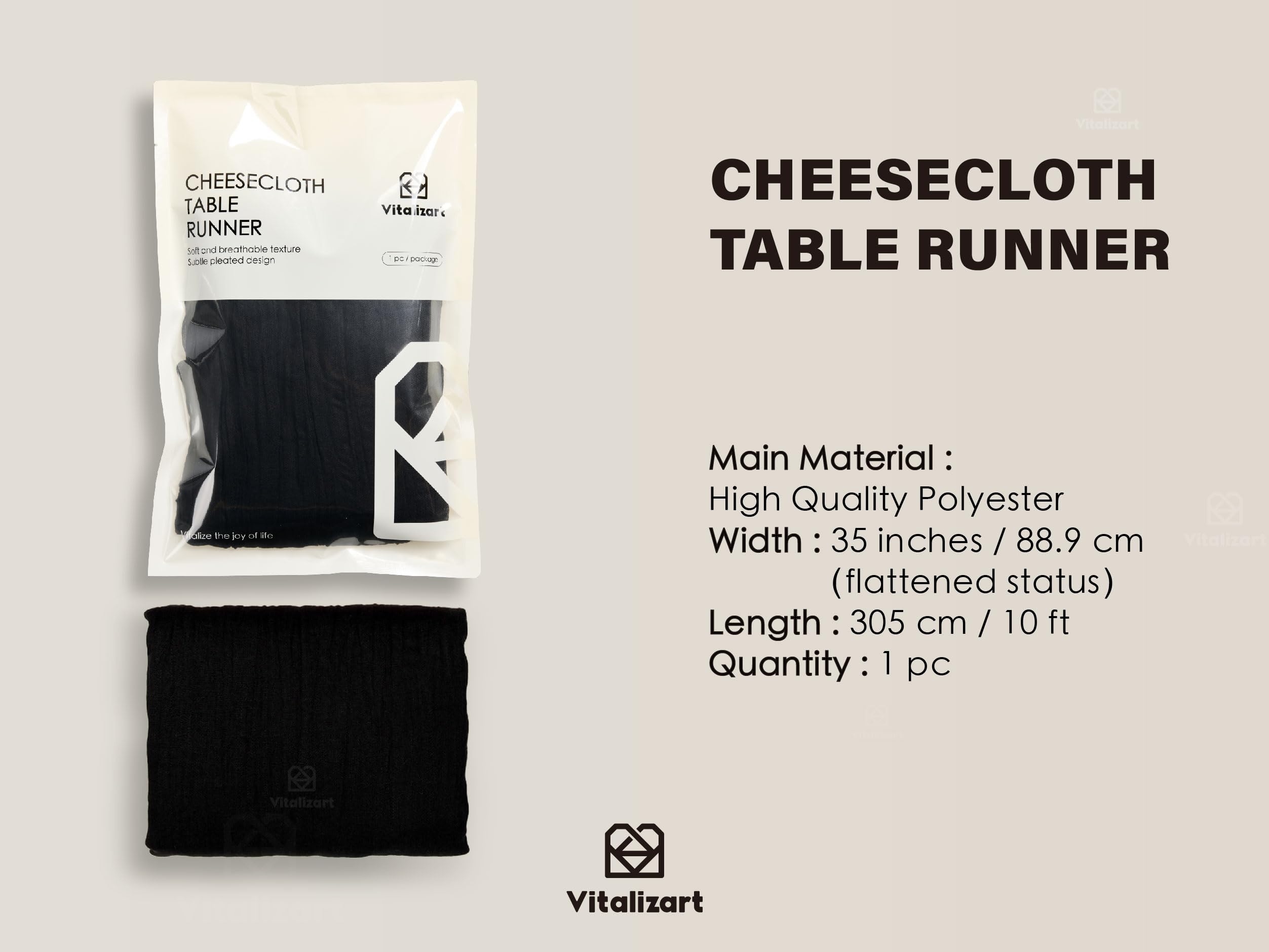 Vitalizart Cheesecloth Table Runner 10ft Gauze Boho Rustic Black Cheese Cloth Table Runner for Wedding Bridal Shower Fall Thanskgiving Decoration 120 Inches
