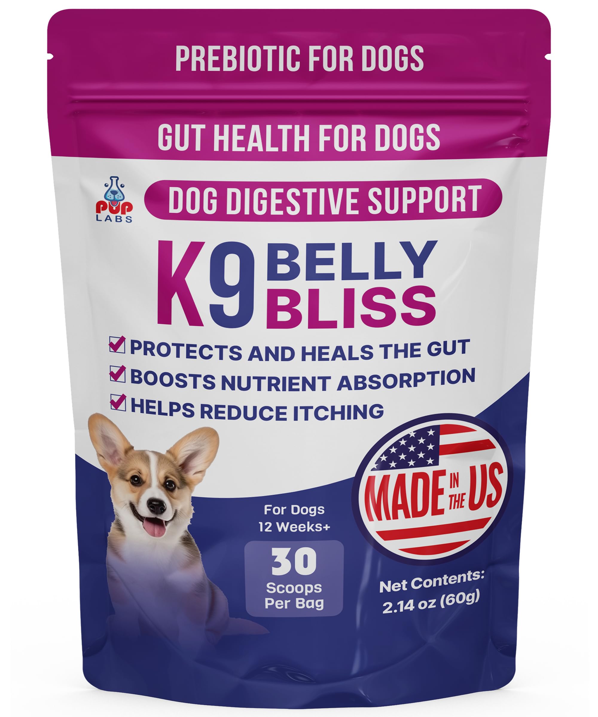 Pup Labs K9 Belly Bliss, All-Natural Gut Health for Dogs, Vet Approved Prebiotic for Dogs for Daily Digestive Support and Dog Constipation Relief, Easy to Use Topper for Dry and Wet Food, 30 Scoops.