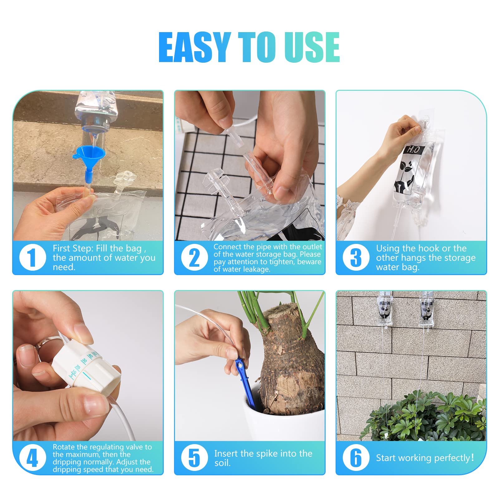 Plant Self Watering Spikes with Water Storage Bag Devices, Slow Release Control Valve Switch Automatic Irrigation Drip Watering System, Plant Self Waterer for Vacations Outdoor Indoor Potted (3 Pack)