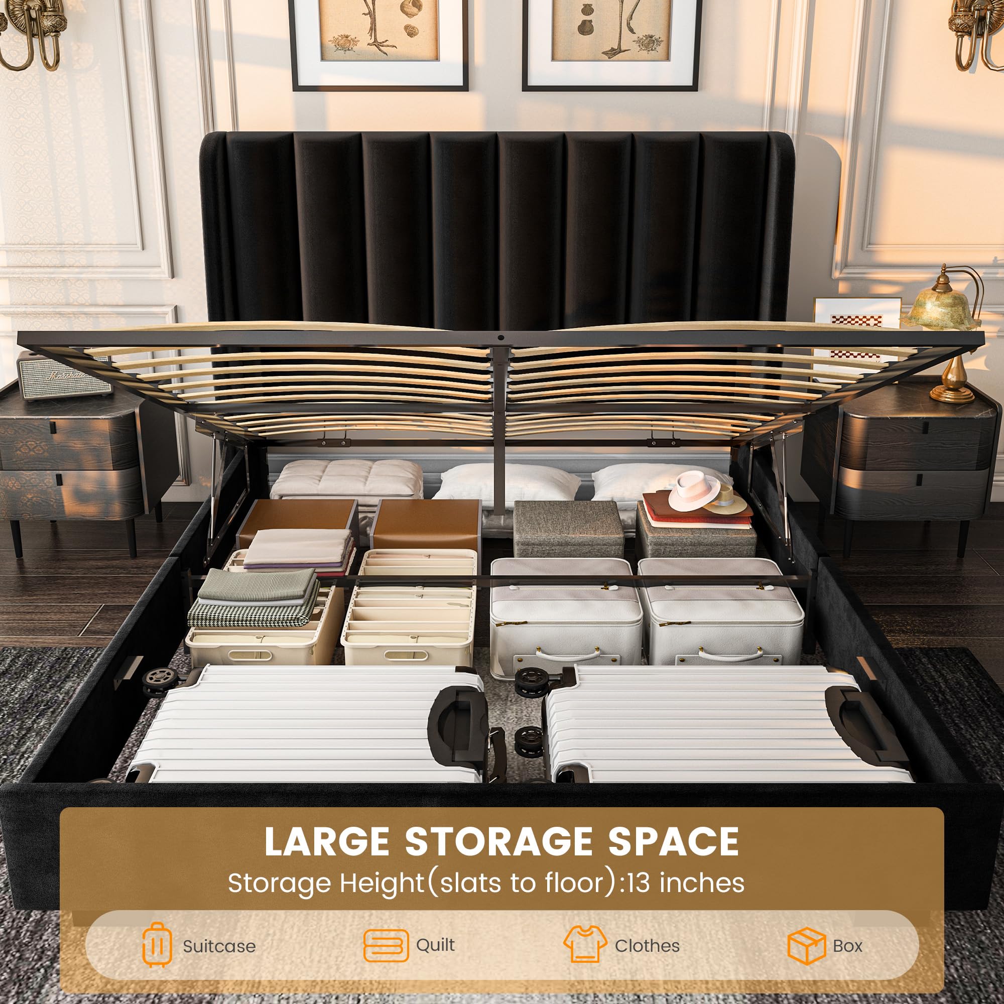 Queen Size Upholstered Lift Up Storage Bed Frame with 51.2" Tall Headboard, Velvet Wingback Tufted Design, Wood Slats Support, No Box Spring Required, Noise-Free Double Low Bed Frame (Queen,Beige)