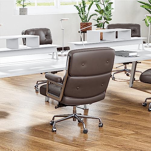 Rimdoc Padded Mid Back Office Chair with Armrest Big Desk Chair 350 Pounds Capacity, High Adjustable, Tilt and Forth, Heavy Duty Aluminum Alloy Frame, Lumbar Support, Genuine Leather, Brown