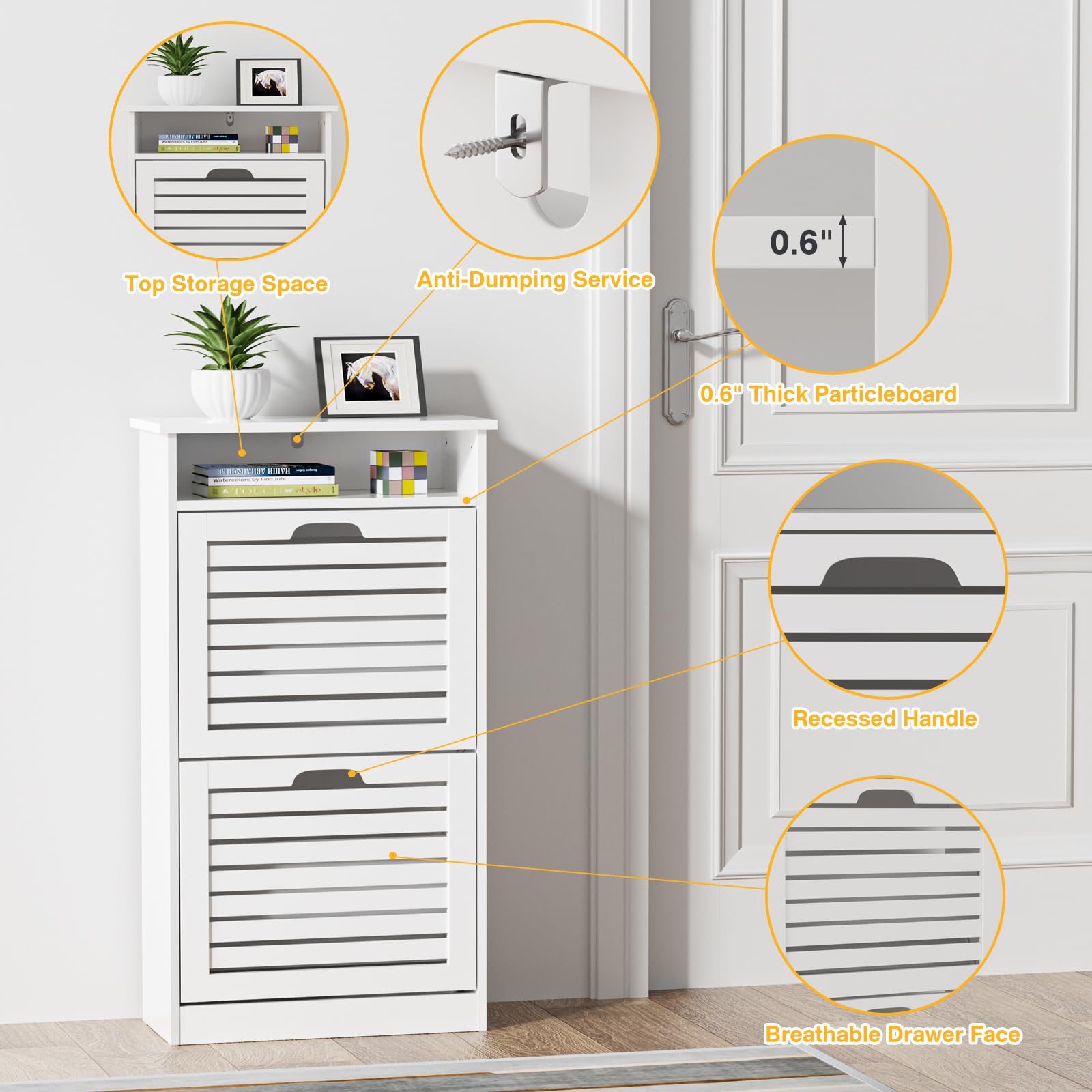 TENNTOU Shoe Storage Cabinet with 2 Flip Drawers & Top Cubby, Shoe Cabinet for Entryway Slim, Free Standing Shoe Rack Cabinet, Narrow Shoe Organizer for Entryway, Hallway, Bedroom, White