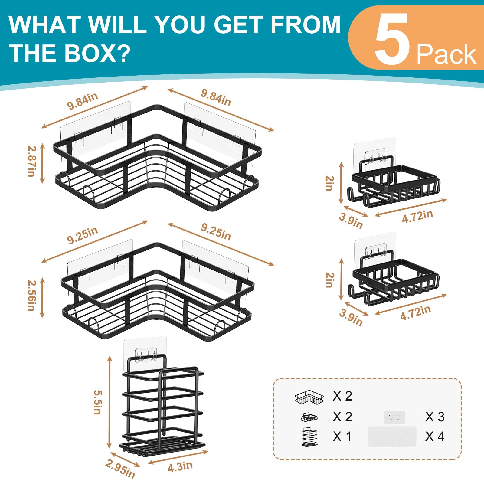 Prlsca 5 Pack Corner Shower Caddy,Large Capacity Adhesive Shower Organizer with Soap Holder & Toothpaste,No Drilling Stainless Steel Shower Shelves with Hooks for Bathroom, Dorm and Kitchen(Black)