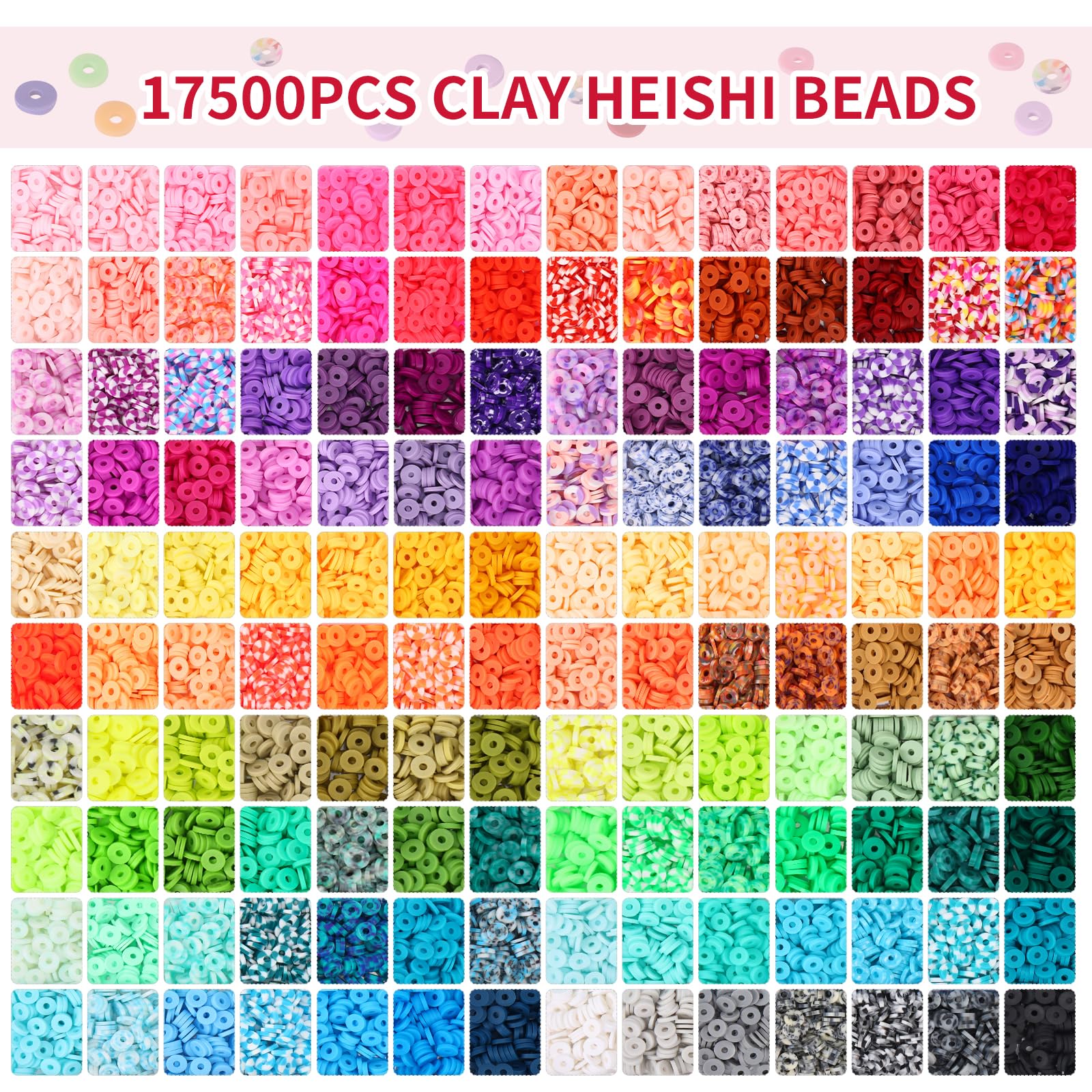 QUEFE 17500pcs 140 Colors Clay Beads for Jewelry Making, Flat Round Polymer Clay Beads Kit with Letter Beads for Gift Craft and Art