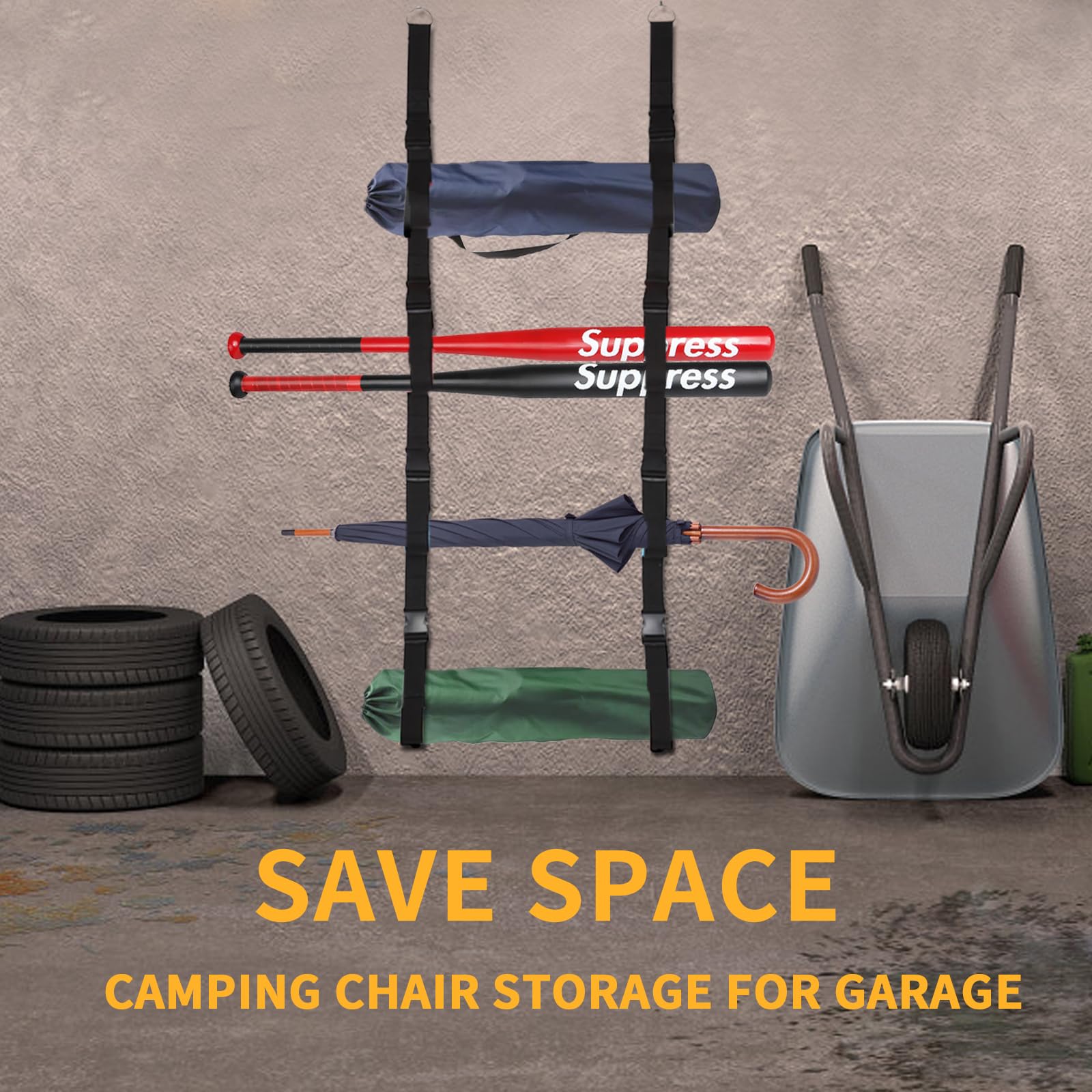 Panumly Camping Chair Wall Storage for Garage, Adjustable Garage Wall Organizer Straps with Flexible Release Buckles, Hanging Garage Organization for Beach Chairs, Umbrellas, 4 Storage Holds