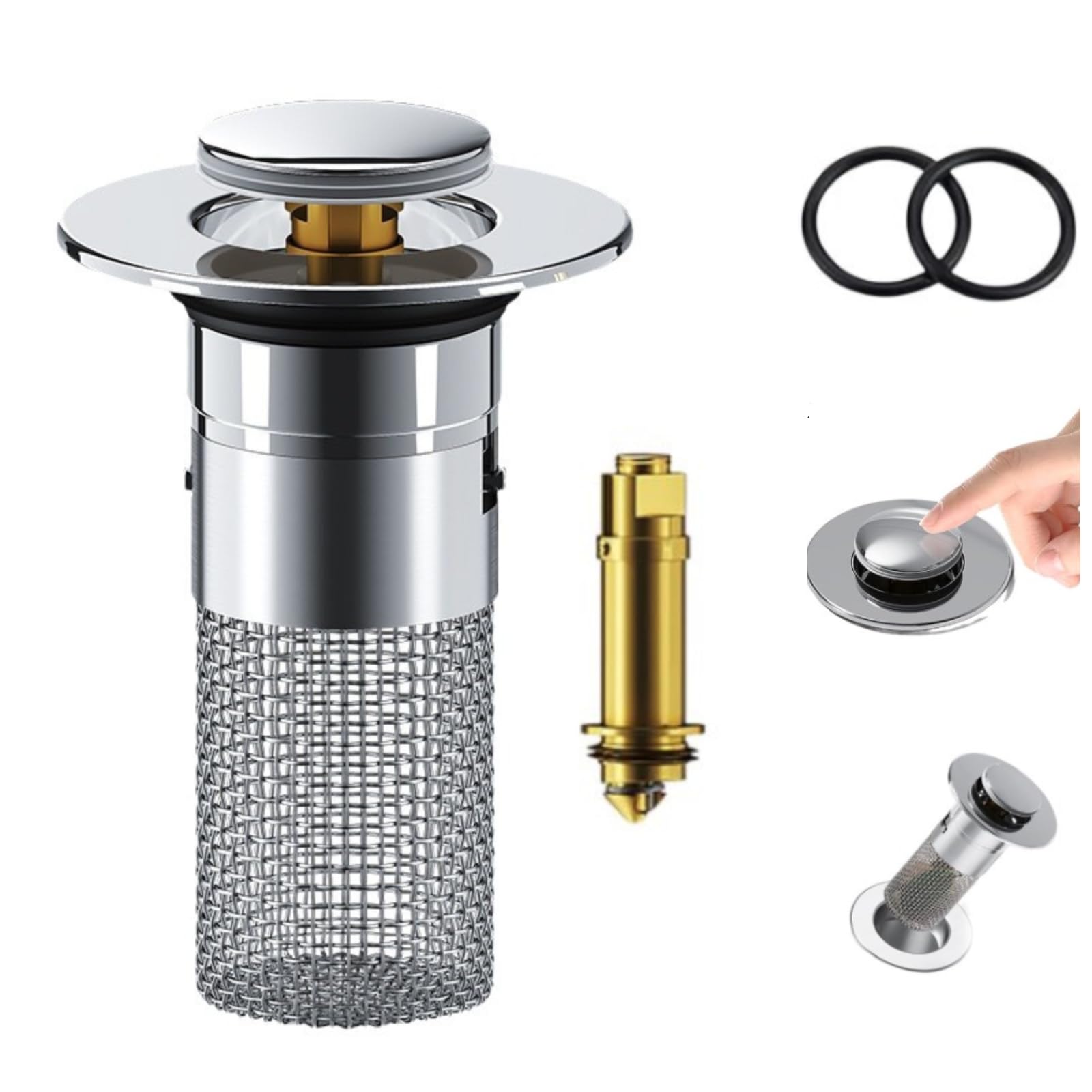 Pop-Up Bathroom Sink Hair Catcher with Removable Stainless Steel Filter Fits Most Sinks & Drains Easy to Install & Clean Durable Brass Core Perfect for Bathroom & Kitchen