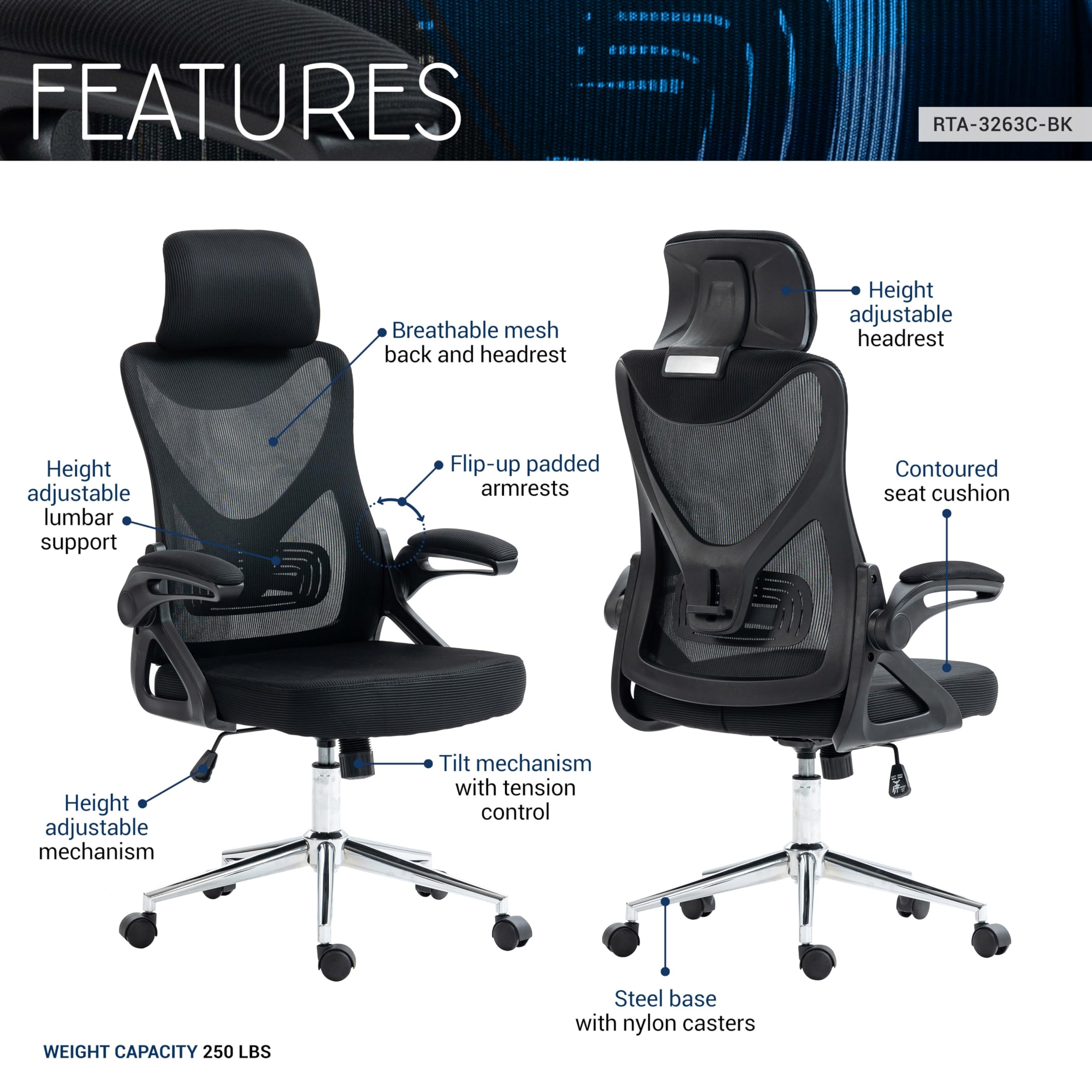 Techni Mobili Essential Ergonomic Office Chair with Lumbar Support & Adjustable Headrest – Breathable Mesh Office Chair with Flip-Up Armrests, Durable Chrome Base - Black
